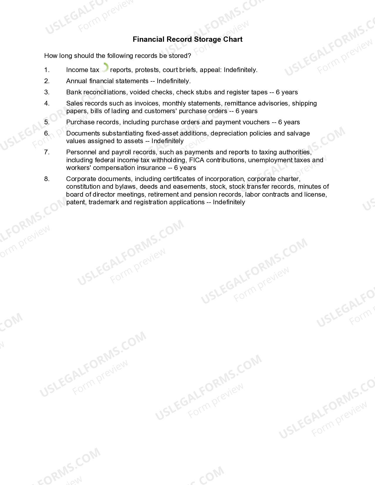 Financial Record Storage Chart - Financial Record | US Legal Forms