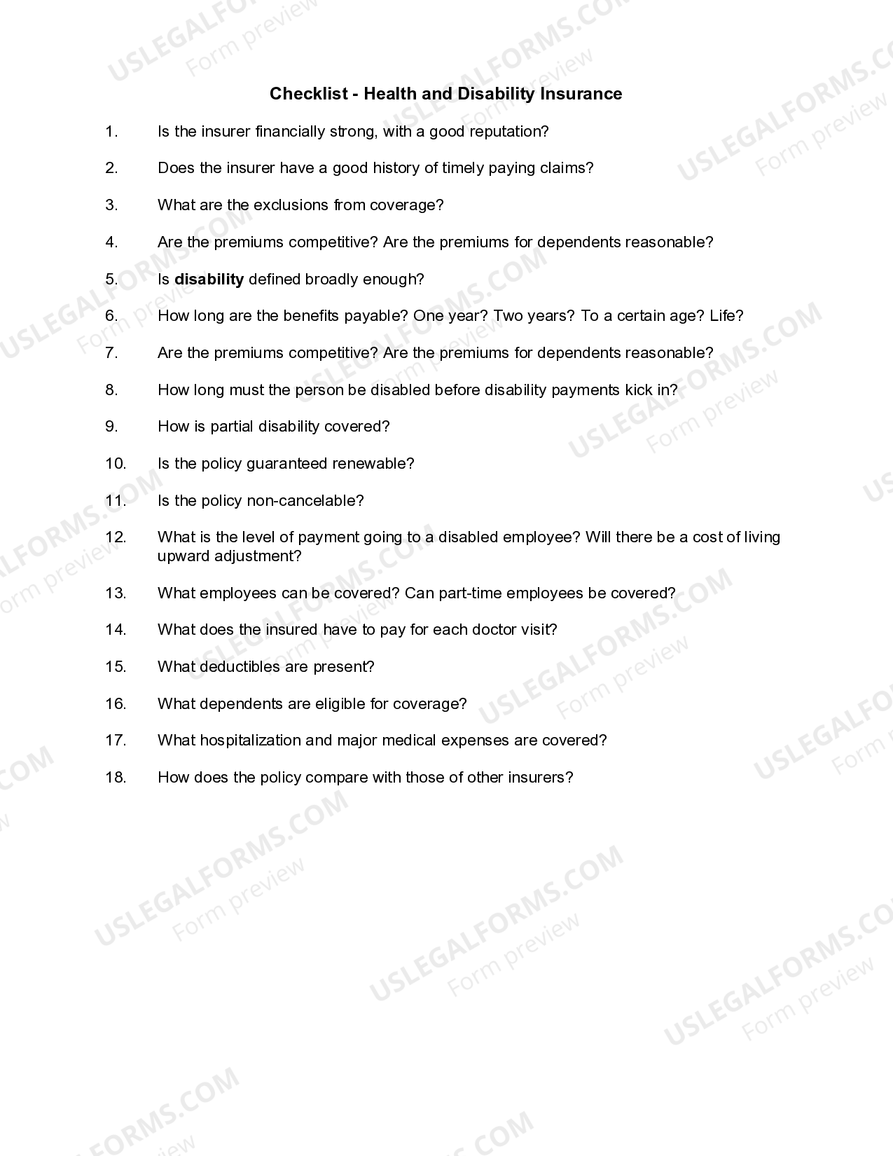 North Carolina Checklist - Health and Disability Insurance | US Legal Forms