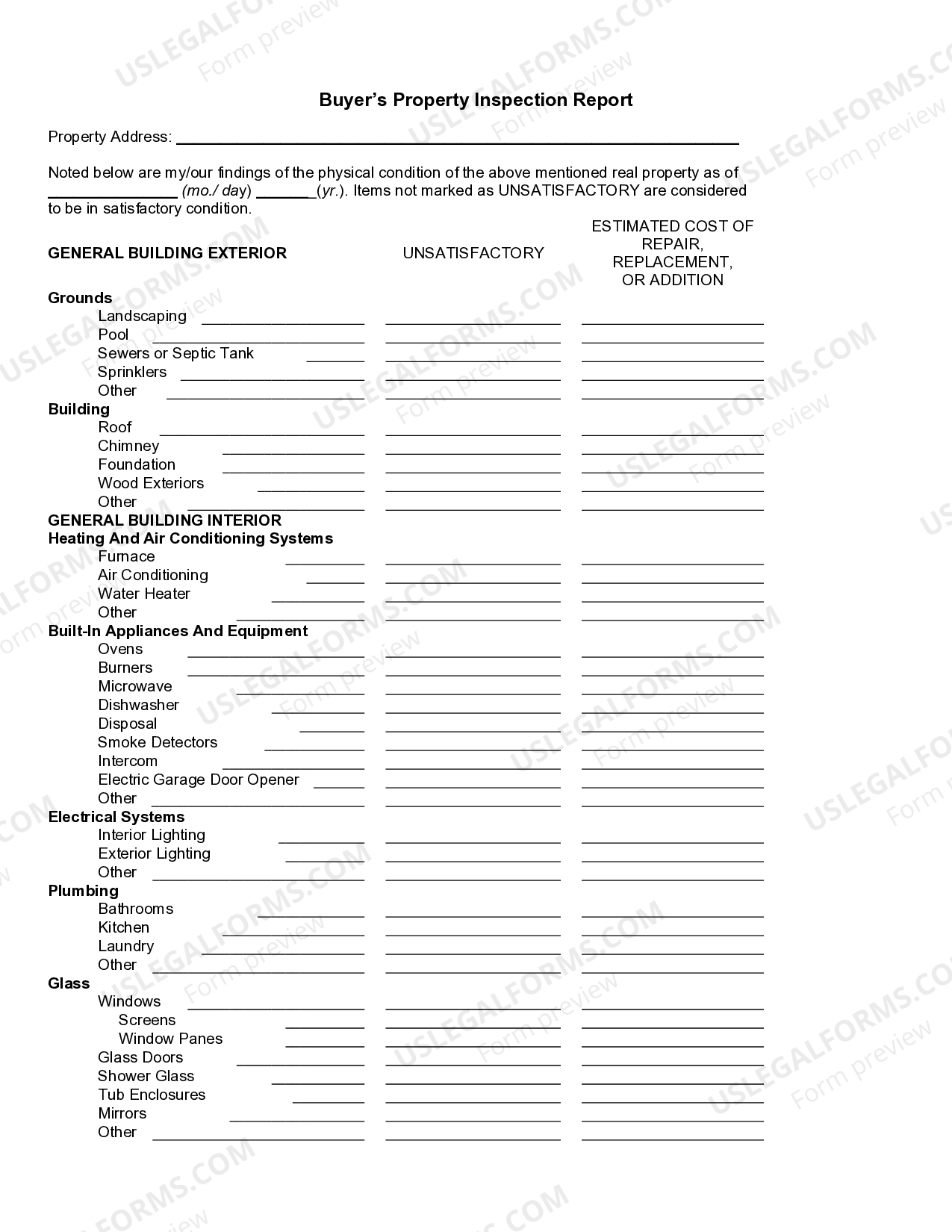 Buyer's Property Inspection Report | US Legal Forms