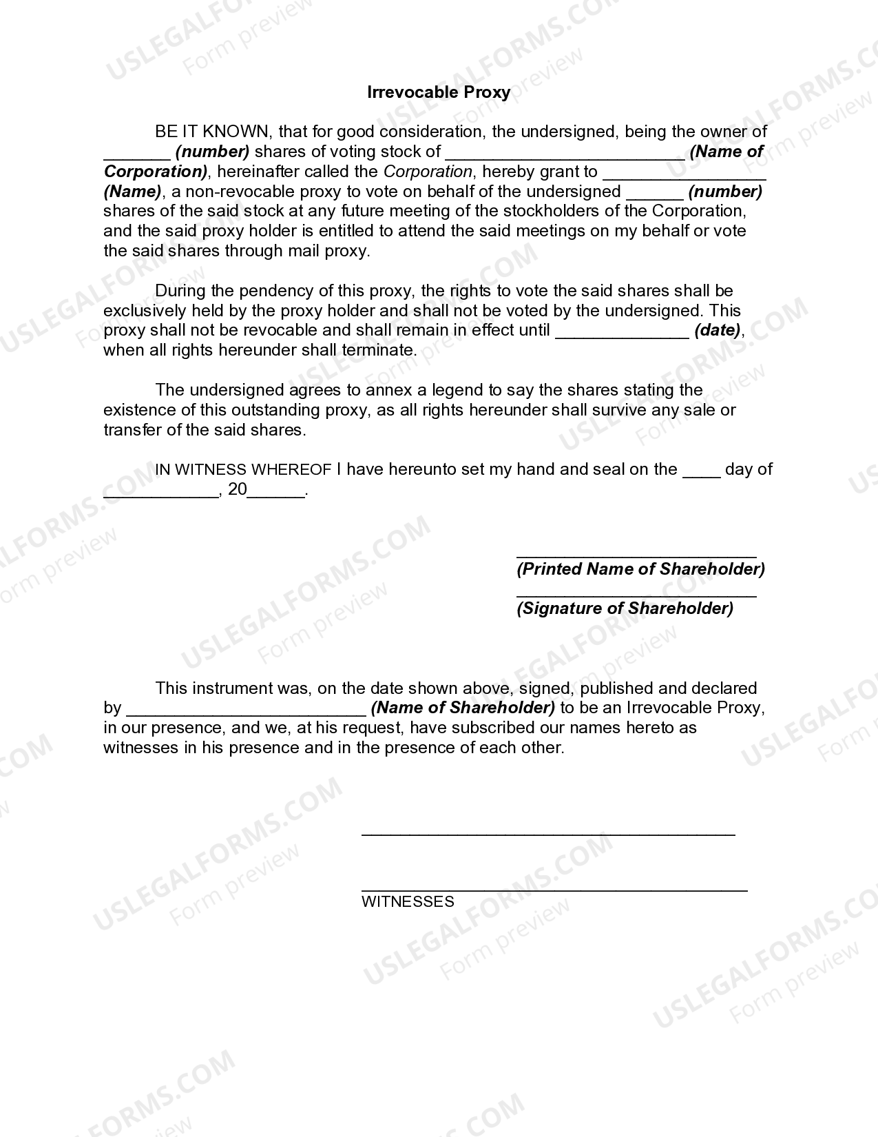 Montana Irrevocable Proxy - Proxy Vote Stockholders | US Legal Forms