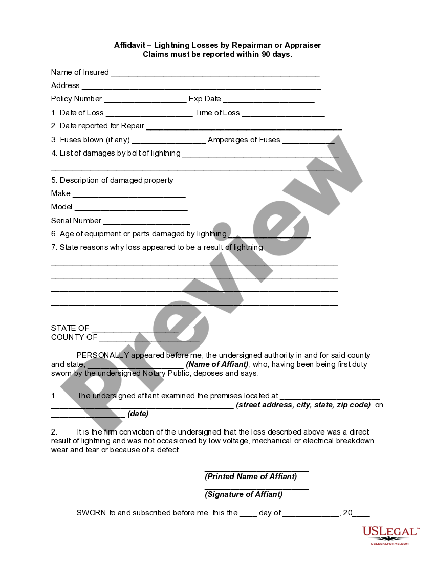 Affidavit - Lightning Losses by Repairman or Appraiser - Lightning Affidavit | US Legal Forms