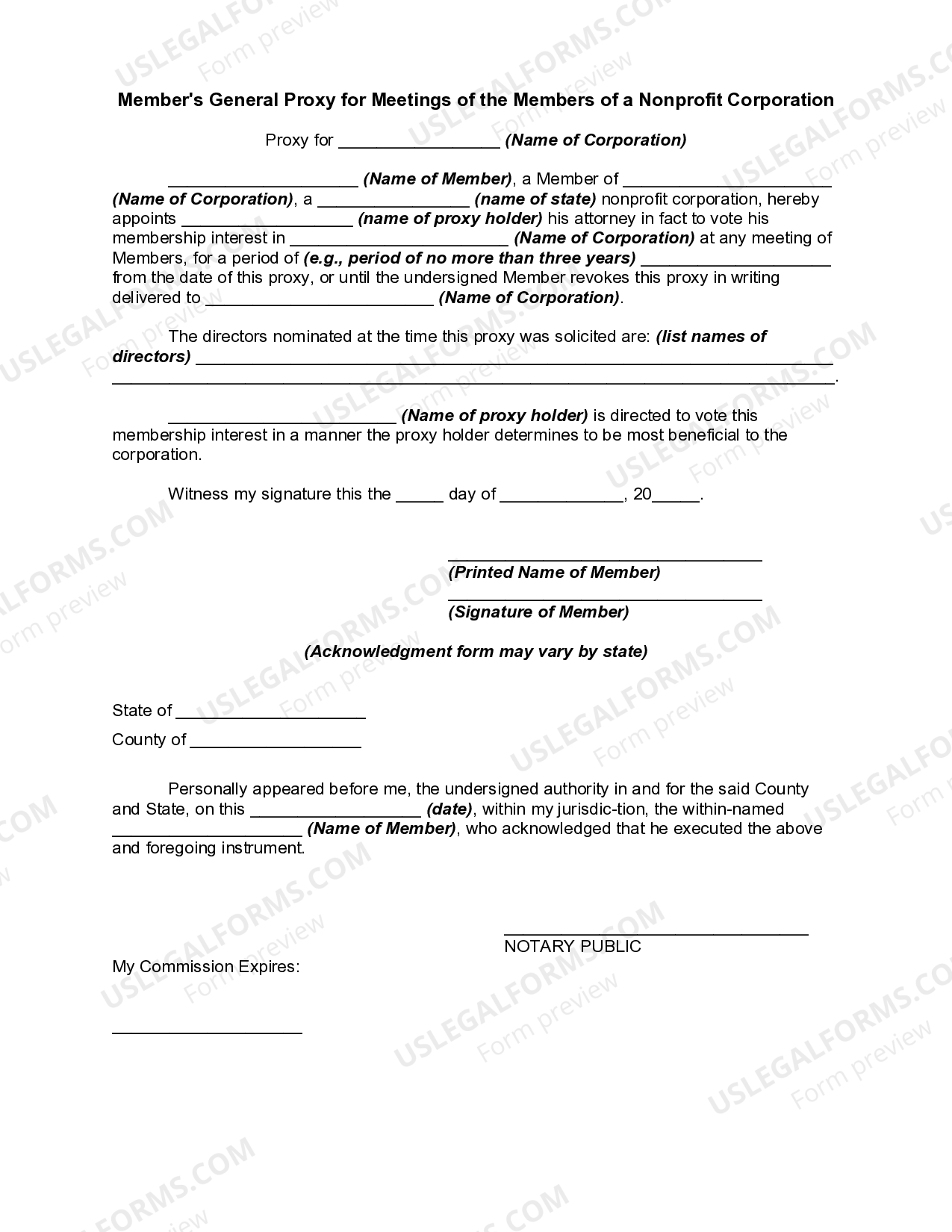 Member's General Proxy for Meetings of the Members of a Nonprofit ...