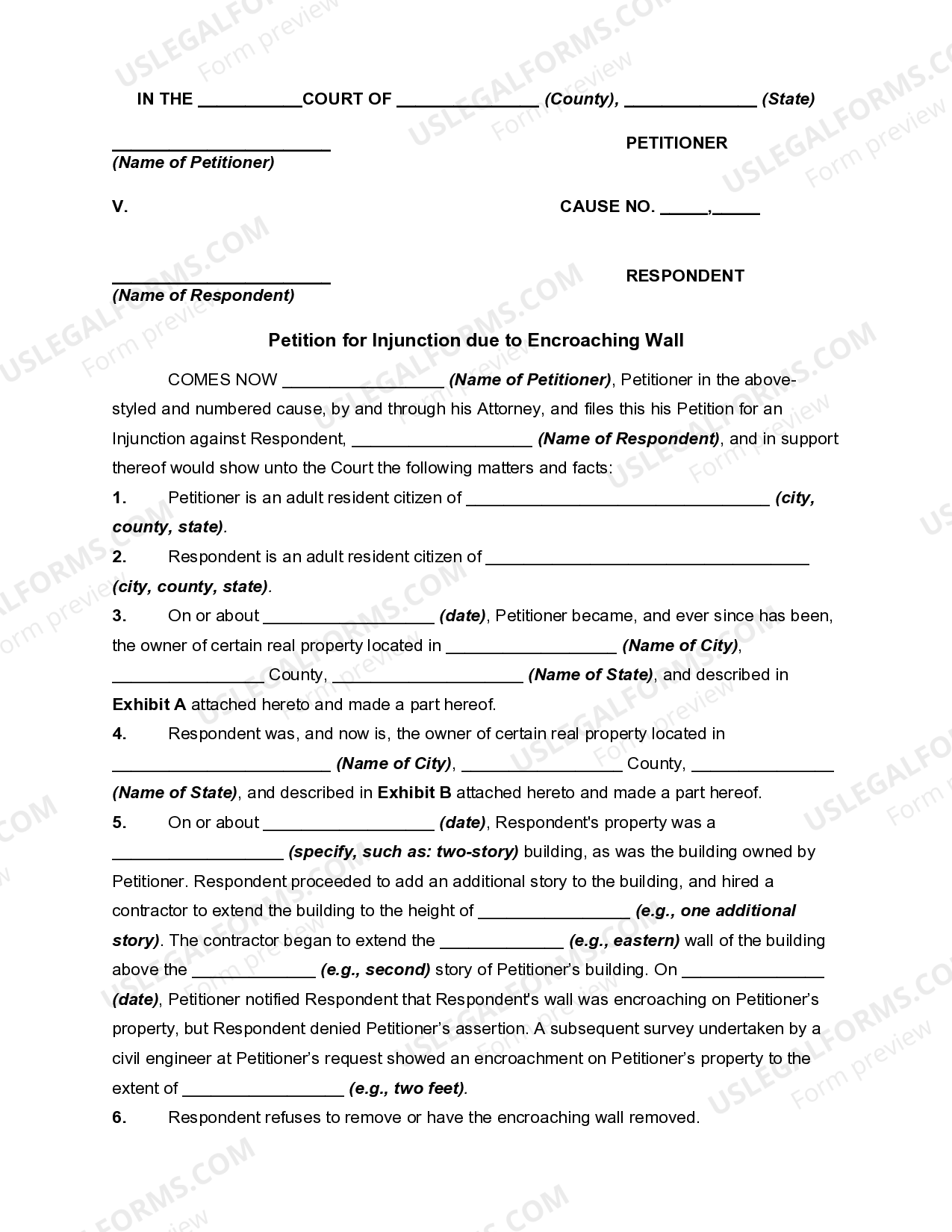 Petition for Injunction due to Encroaching Wall - Court Petition Form ...