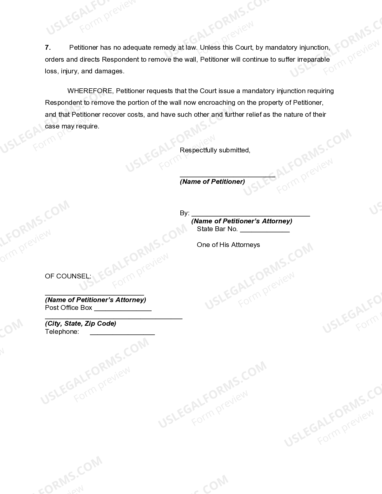 Petition for Injunction due to Encroaching Wall - Court Petition Form ...