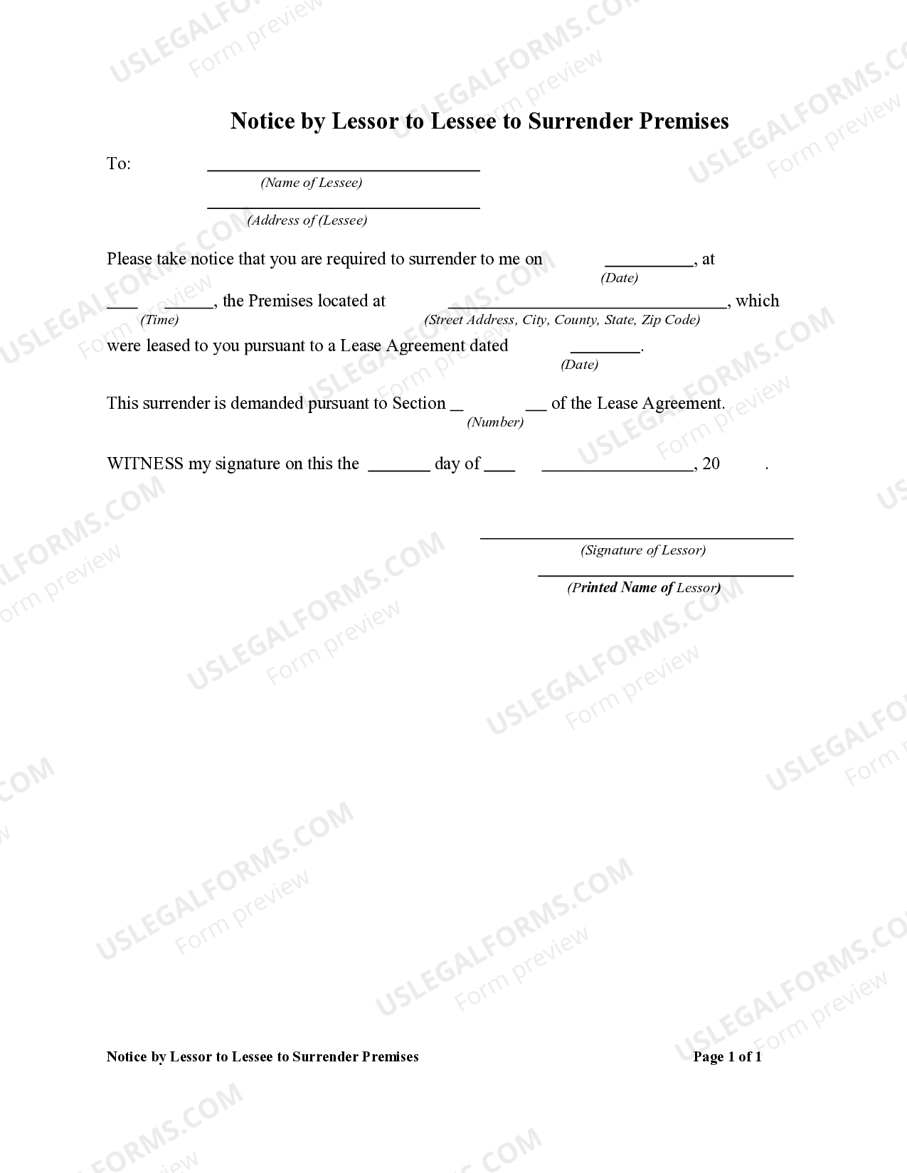 Illinois Notice by Lessor to Lessee to Surrender Premises | US Legal Forms