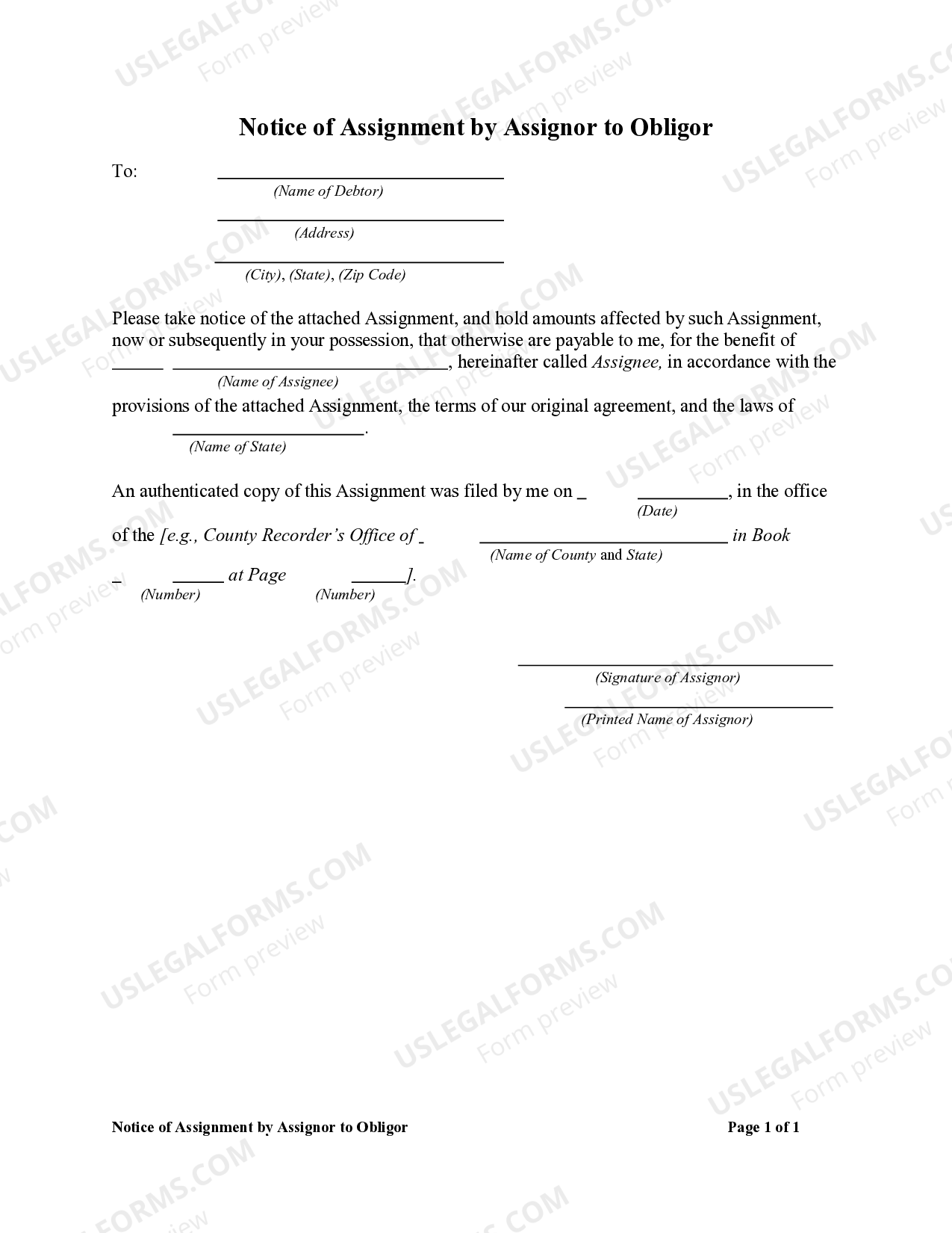 New Mexico Notice of Assignment by Assignor to Obligor - Obligor | US ...