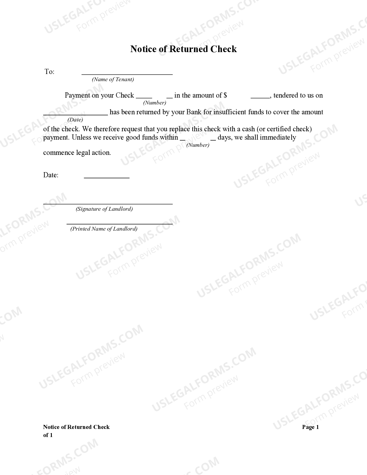 Vermont Notice of Returned Check - Notice Returned Check | US Legal Forms