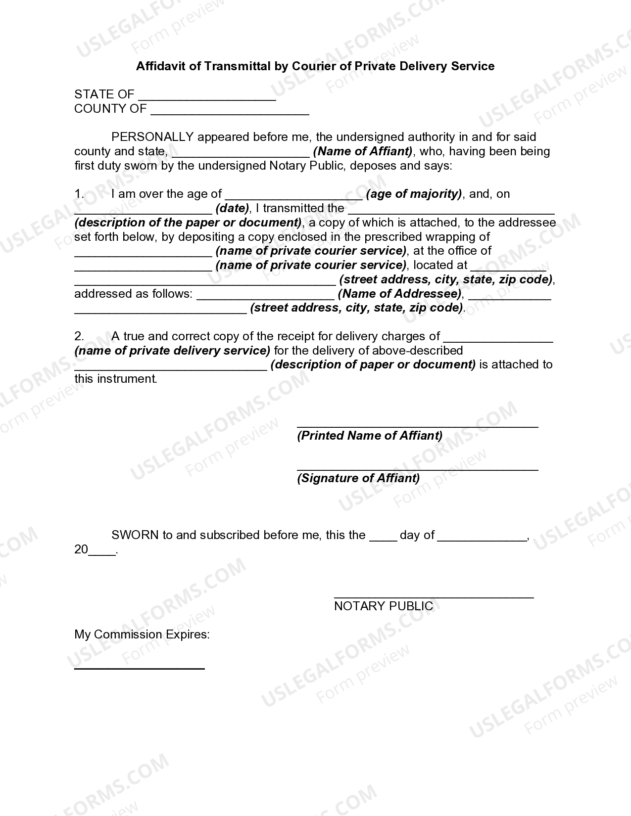 Affidavit of Transmittal by Courier of Private Delivery Service ...