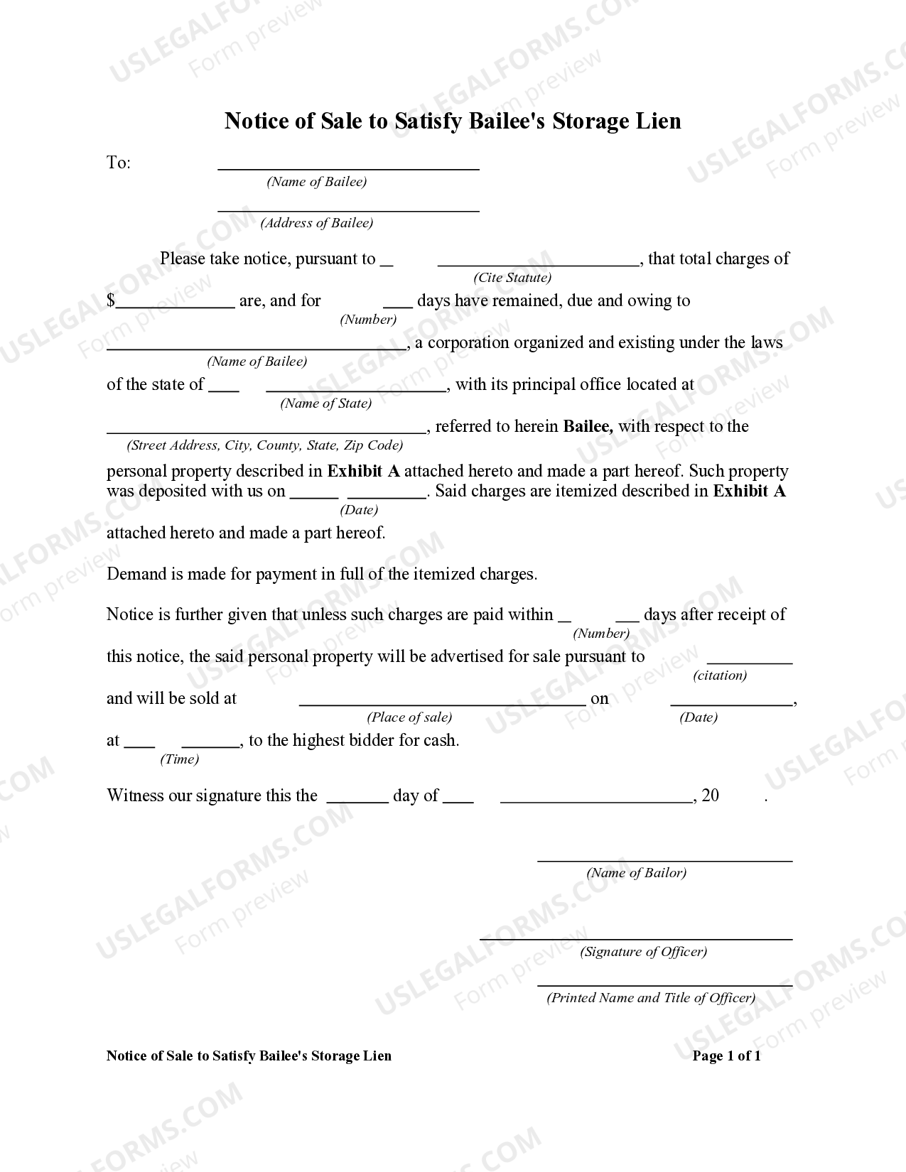 Notice of Sale to Satisfy Bailee's Storage Lien - Storage Lien | US ...