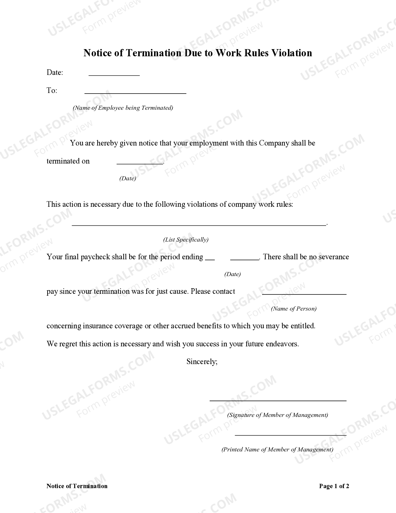 Maryland Notice of Termination Due to Work Rules Violation ...