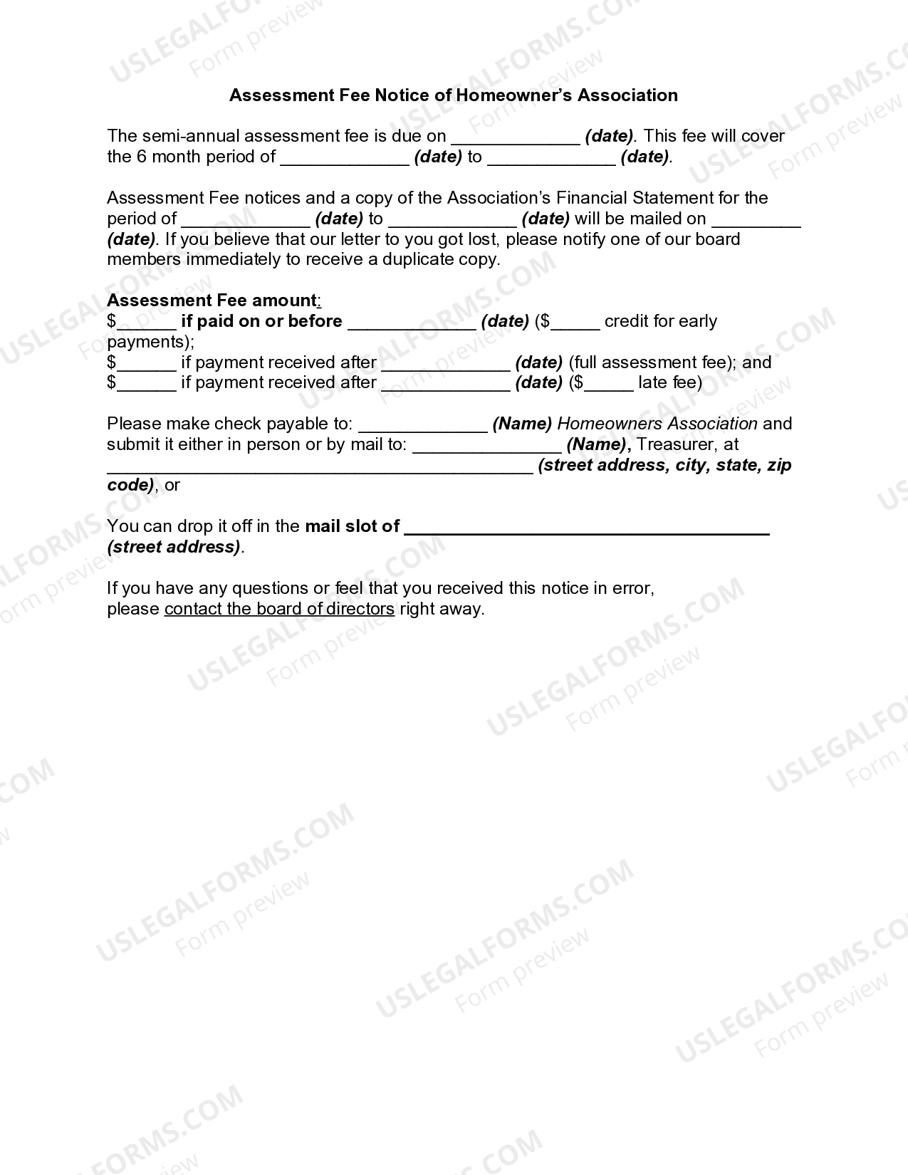 Assessment Fee Notice of Homeowner's Association - Homeowners ...