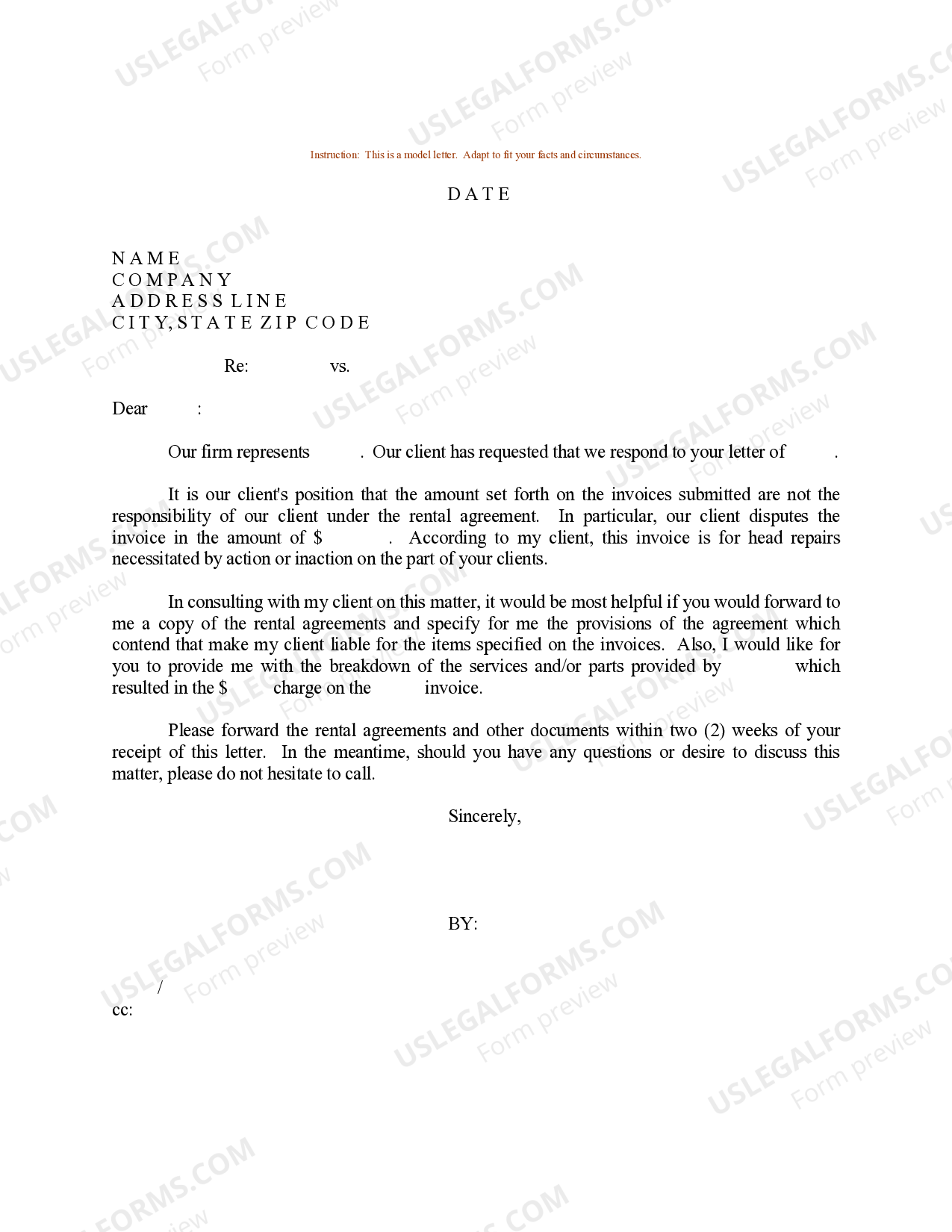 Sample Letter for Rental Payment Dispute - Rental Dispute | US Legal Forms