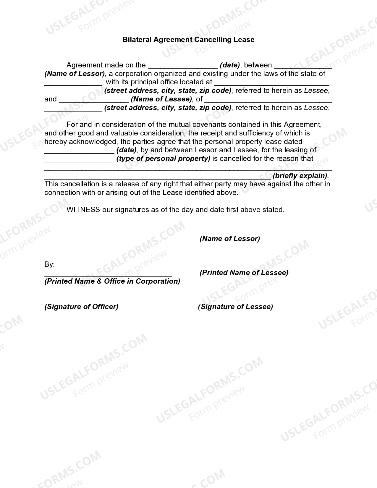 Bilateral Agreement Cancelling Lease - Bilateral Agreement | US Legal Forms