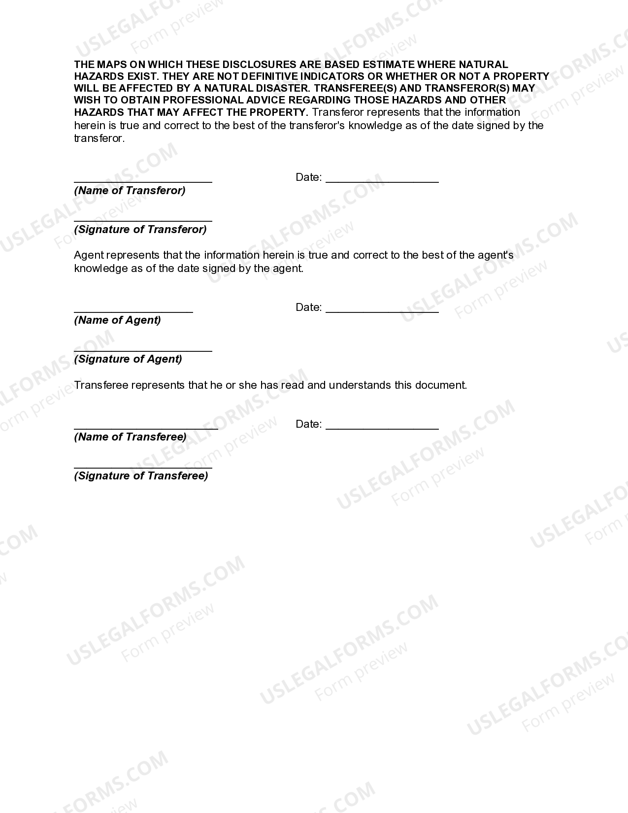 Natural Hazard Disclosure Statement | US Legal Forms