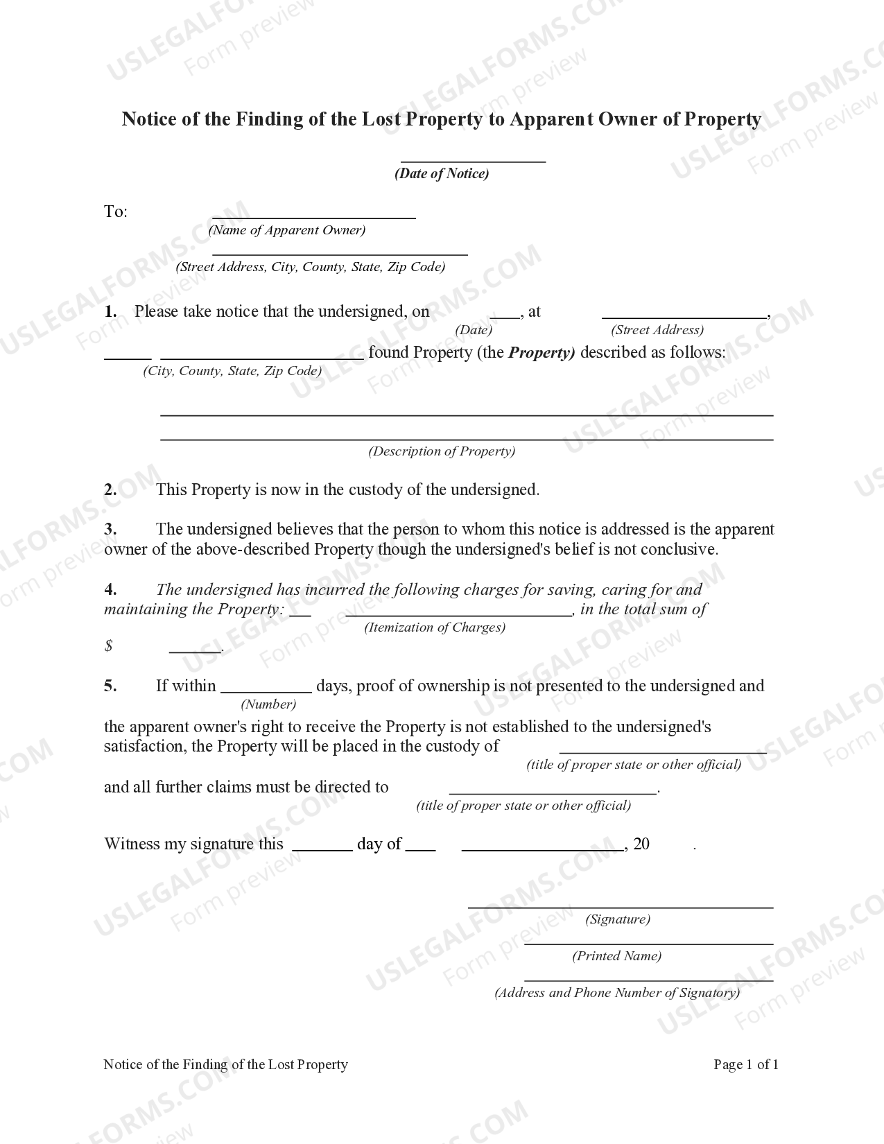 Kansas Notice of the Findings of the Lost Property to Apparent Owner of ...