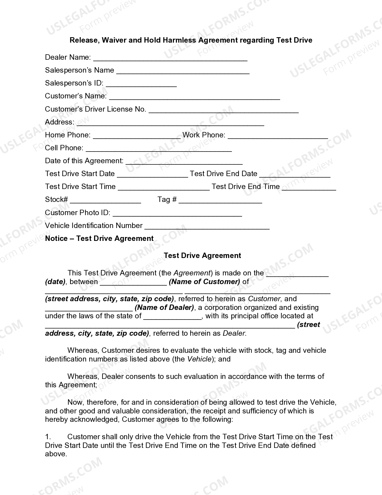 Release, Waiver and Hold Harmless Agreement regarding Test Drive | US ...