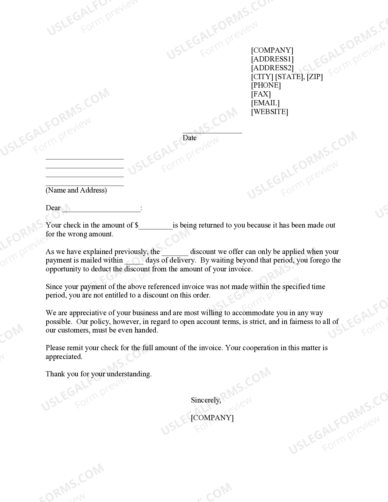 Return of Late Payment and Denial of Discount | US Legal Forms