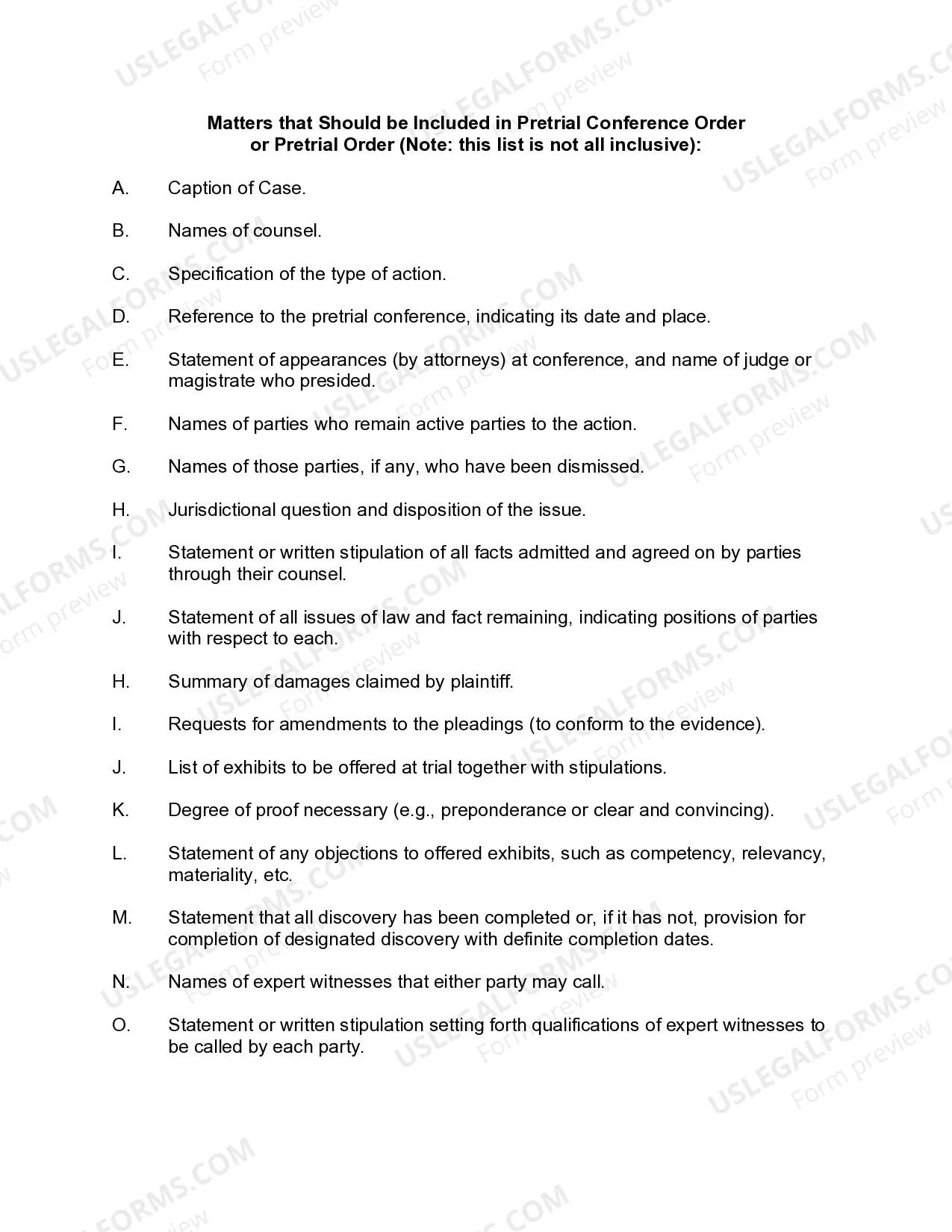 Matters That Should Be Included In Pretrial Conference Order Or Matters That Should Be Included In Pretrial Conference Order Or