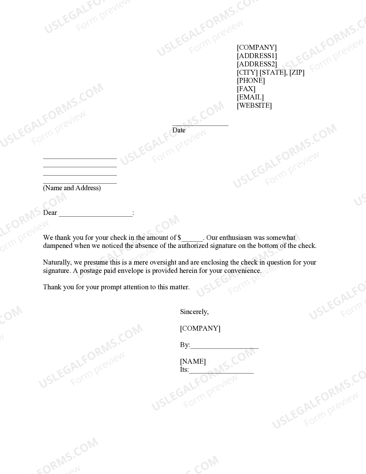 Return of Check Missing Signature | US Legal Forms