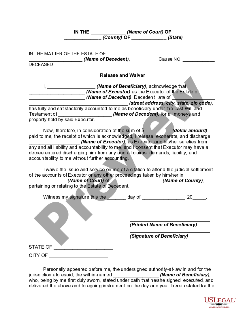 Release And Exoneration Of Executor On Distribution To Beneficiary Of 