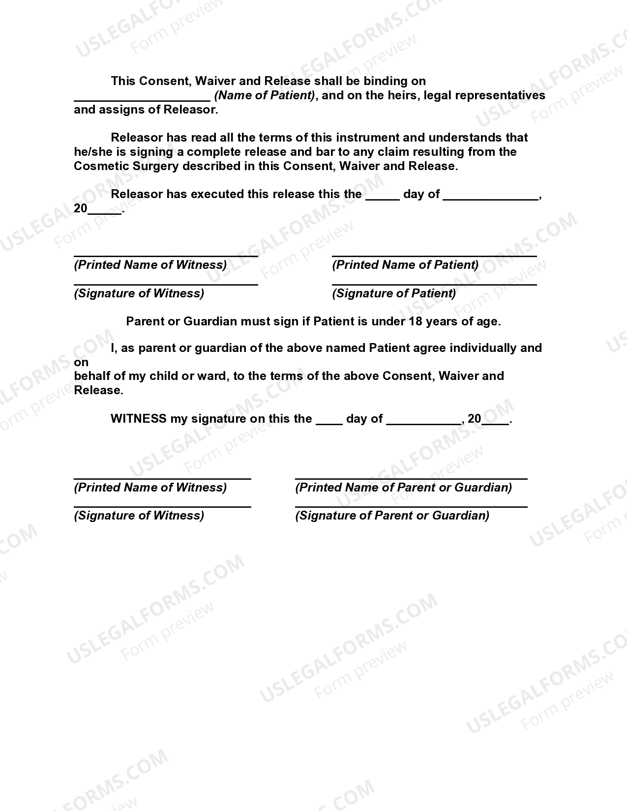 Florida Waiver and Release Form for Cosmetic Surgery - Release Form ...