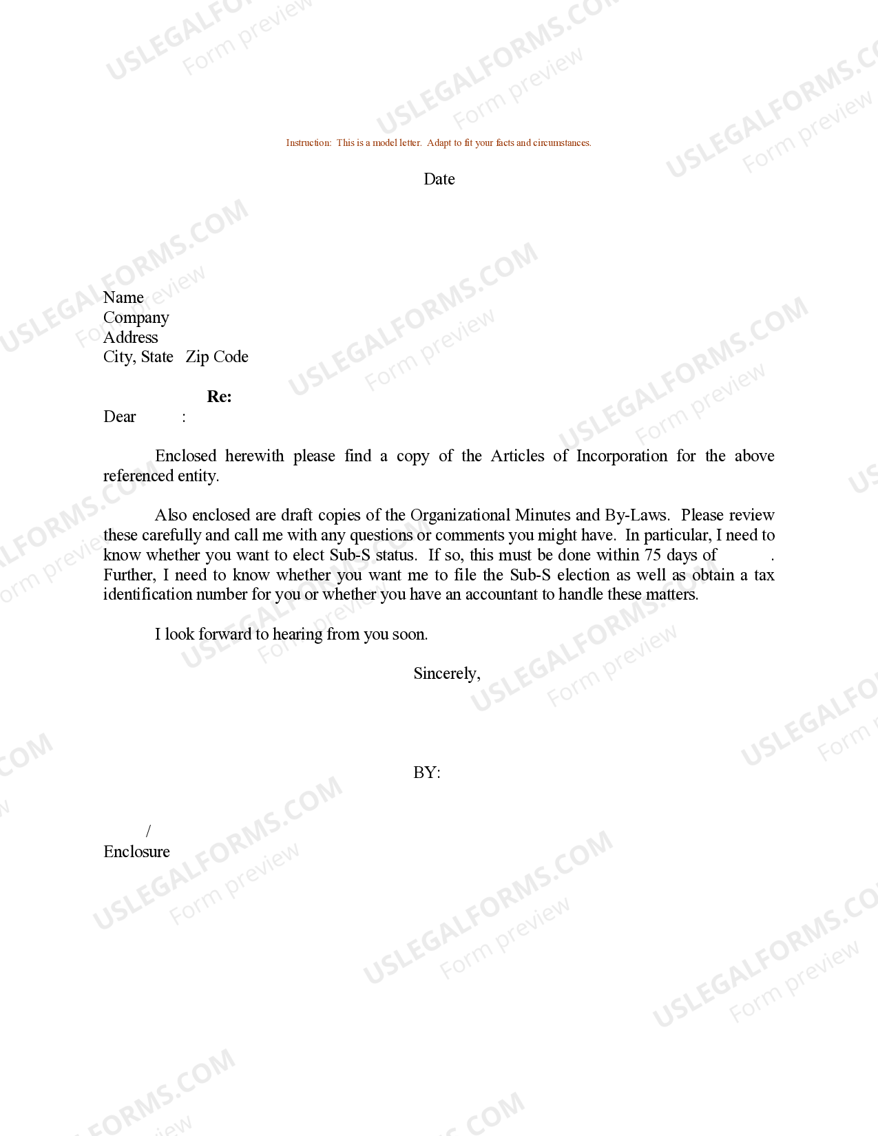 Sample Letter regarding Articles of Incorporation - Election of Sub ...