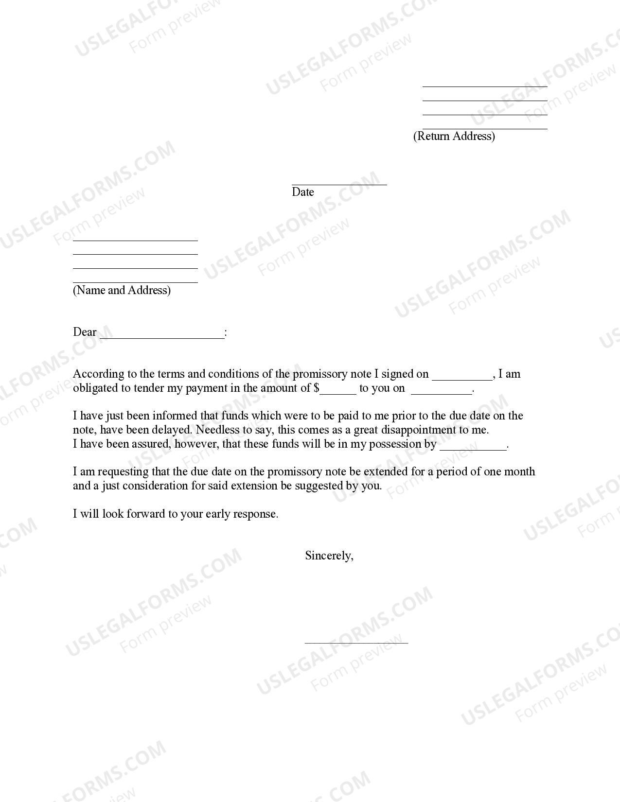 Request for extension of Time on Promissory Note | US Legal Forms