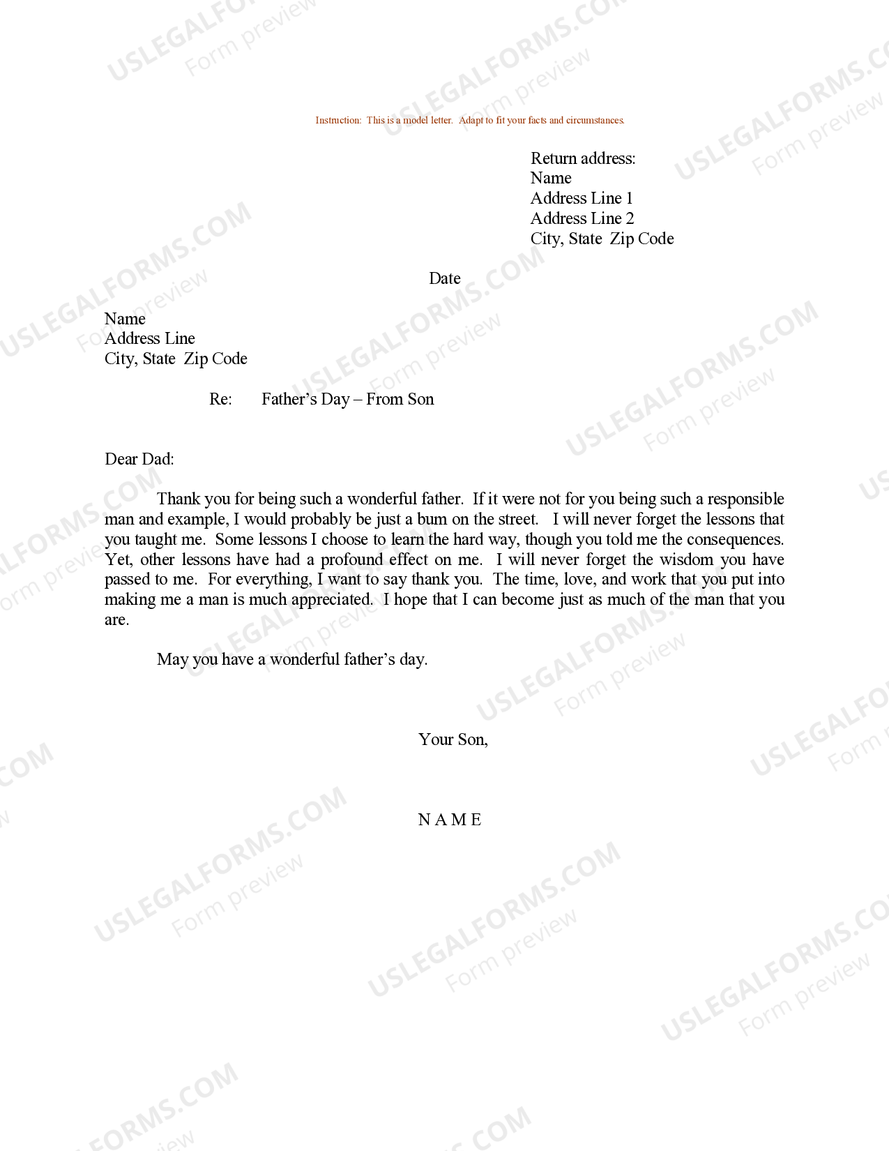 Connecticut Sample Letter for Happy Father's Day - From Son - Father's ...