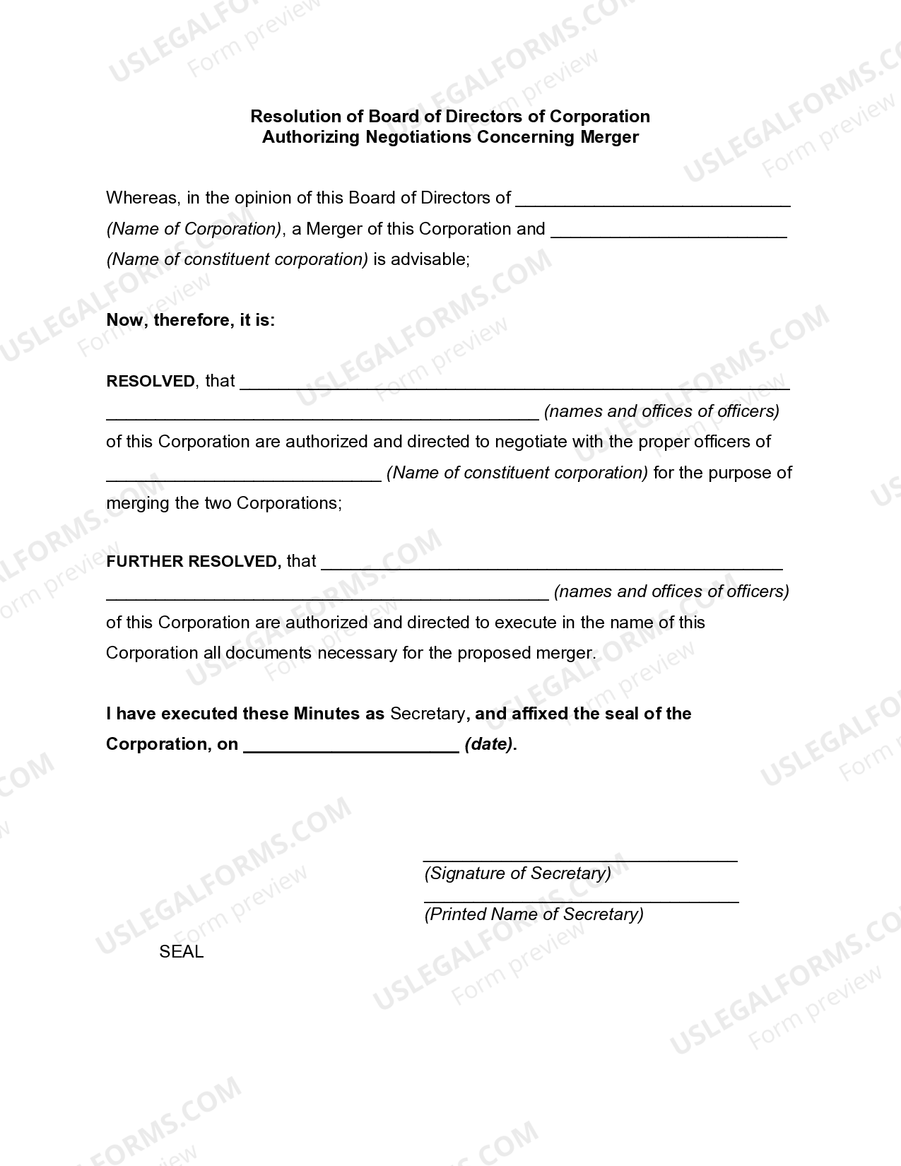 New York Resolution of Board of Directors of Corporation Authorizing ...