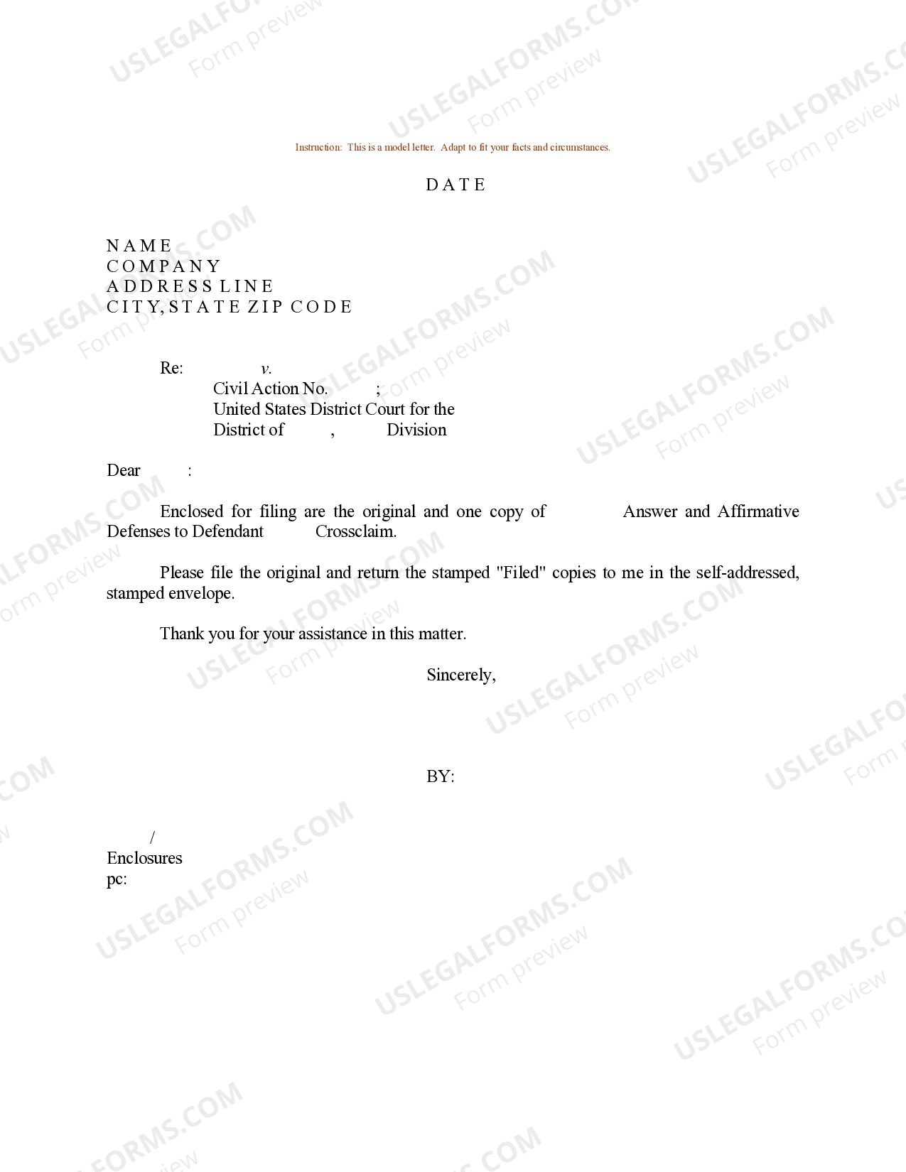 Sample Letter for Answer and Affirmative Defenses to Defendant's ...