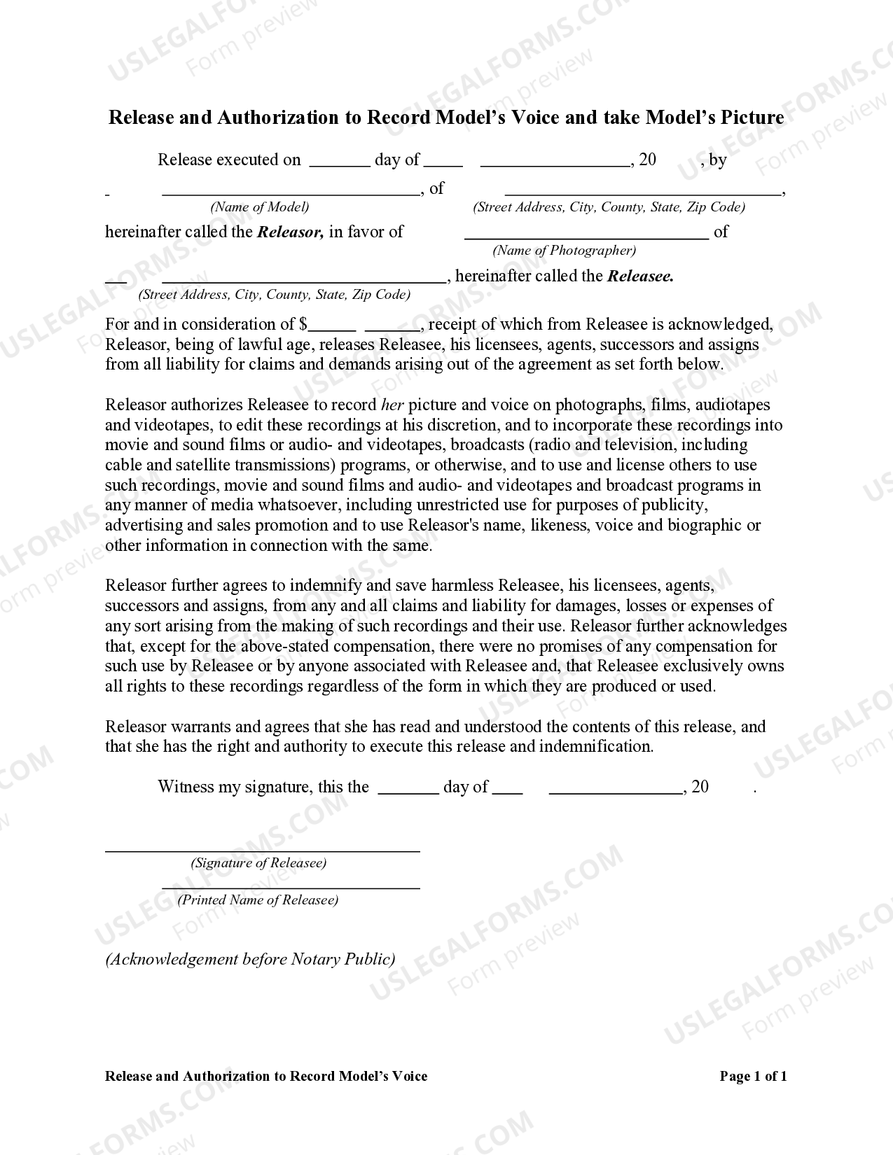 Montana Release and Authorization to Record Model's Voice and Take ...