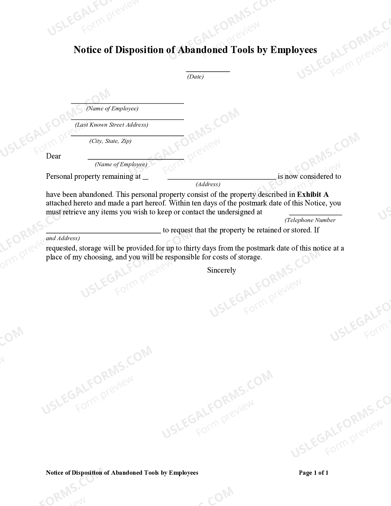 Tennessee Notice of Disposition of Abandoned Tools by Employees ...