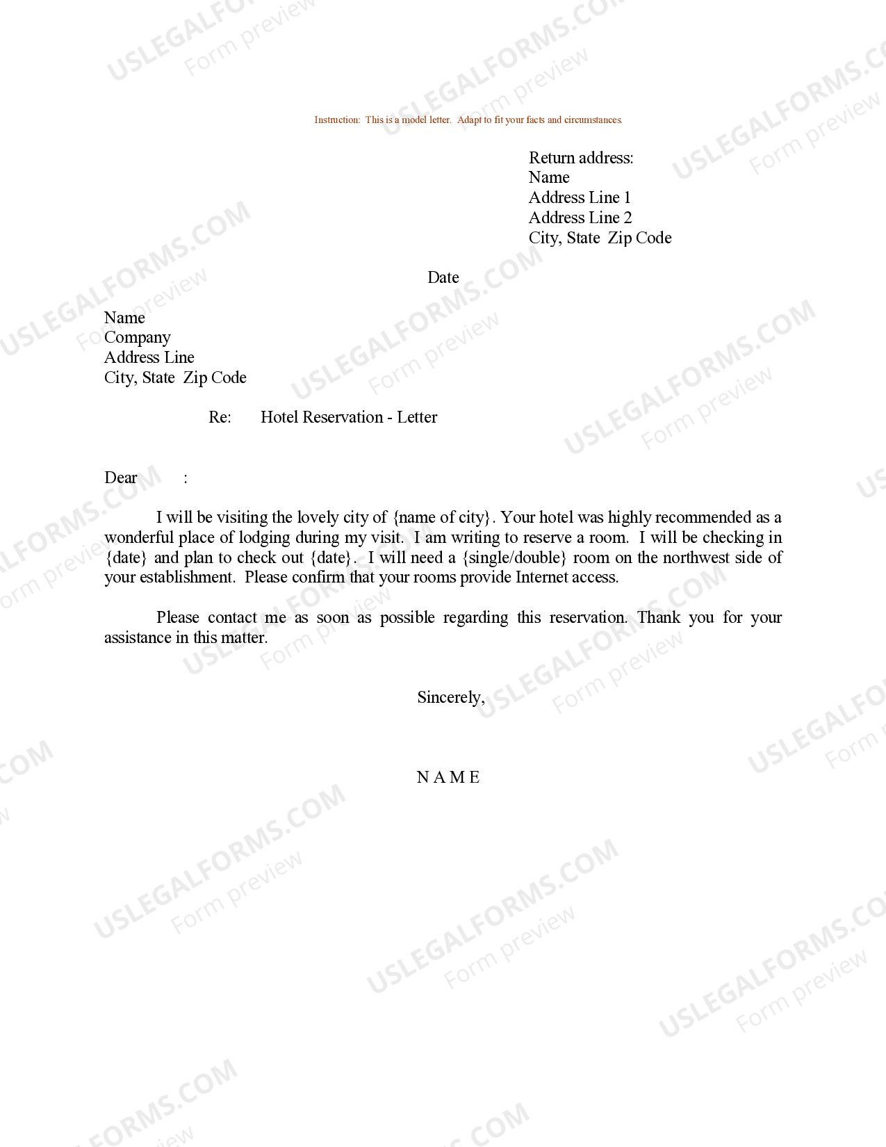 District of Columbia Sample Letter for Hotel Reservation - Letter ...