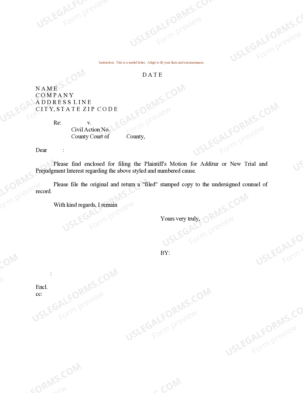 Sample Letter for Motion for Additur or New Trial and Prejudgment ...