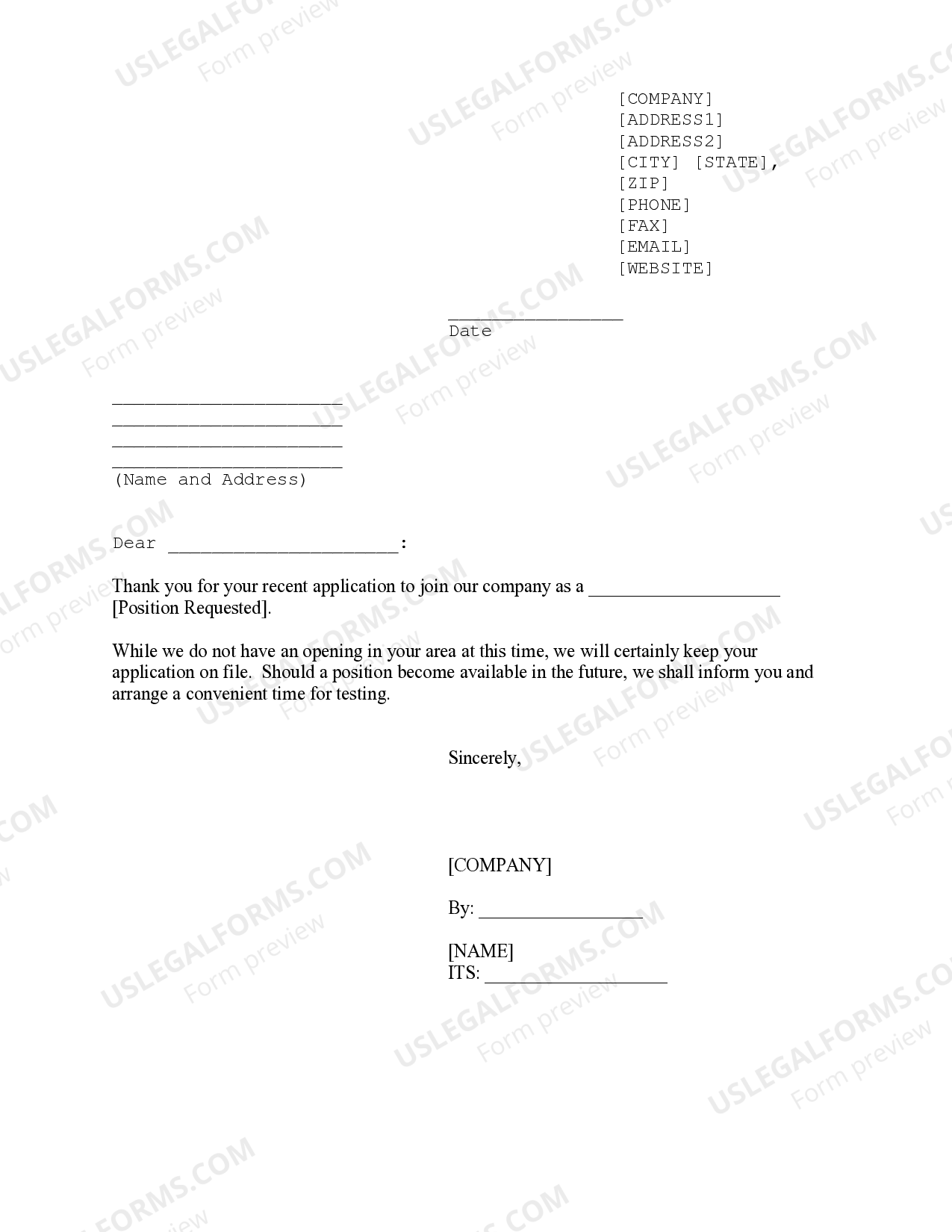 Negative Response to Job Application | US Legal Forms