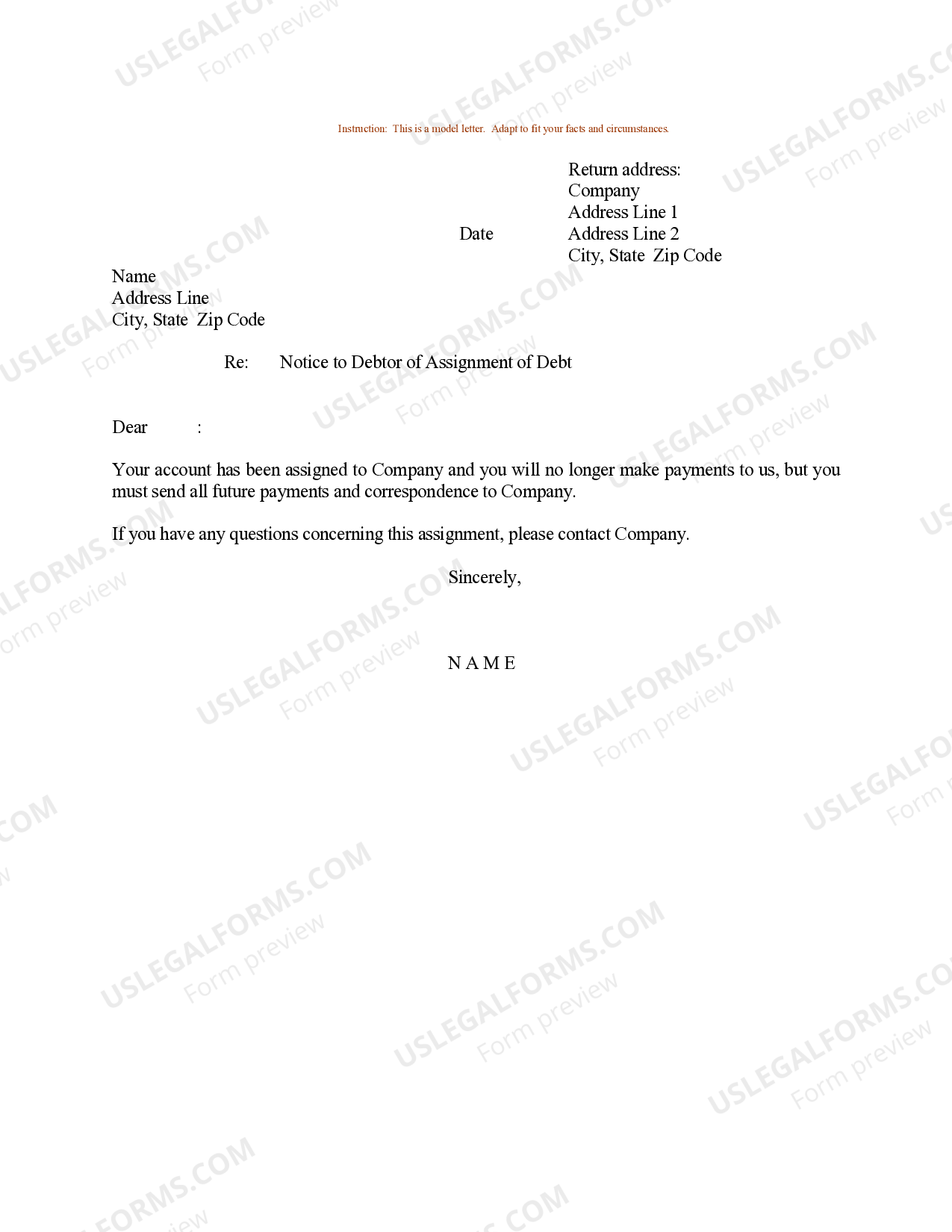 Texas Sample Letter for Notice to Debtor of Assignment of Debt - Sample ...