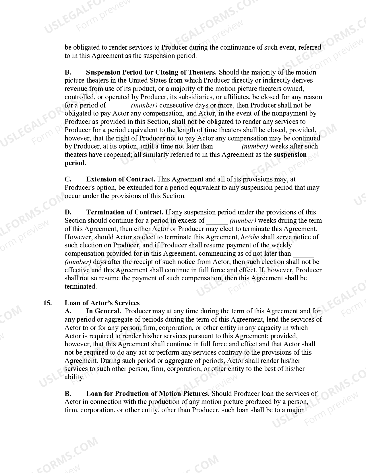 Agreement Actor Contract With Film | US Legal Forms