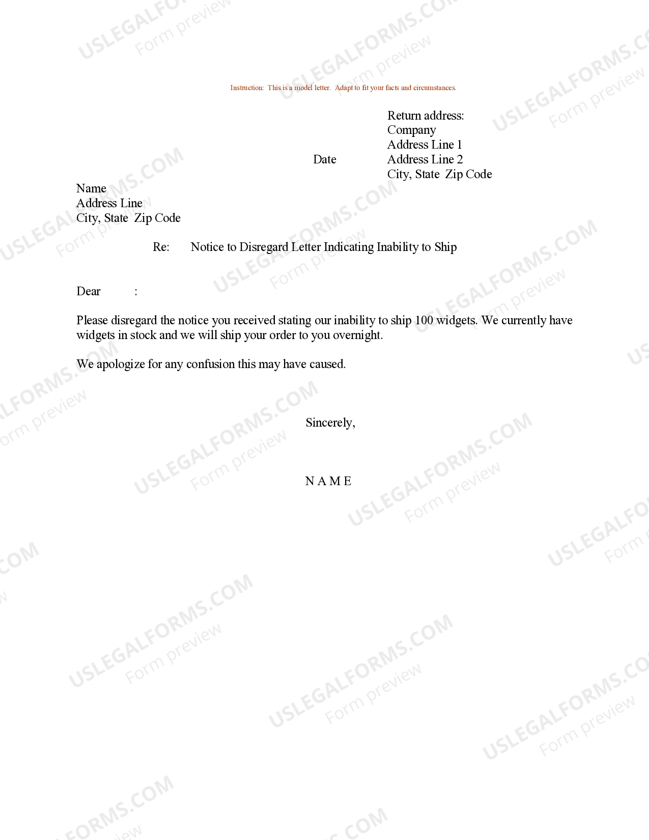 Idaho Sample Letter for Notice to Disregard Letter Indicating Inability ...