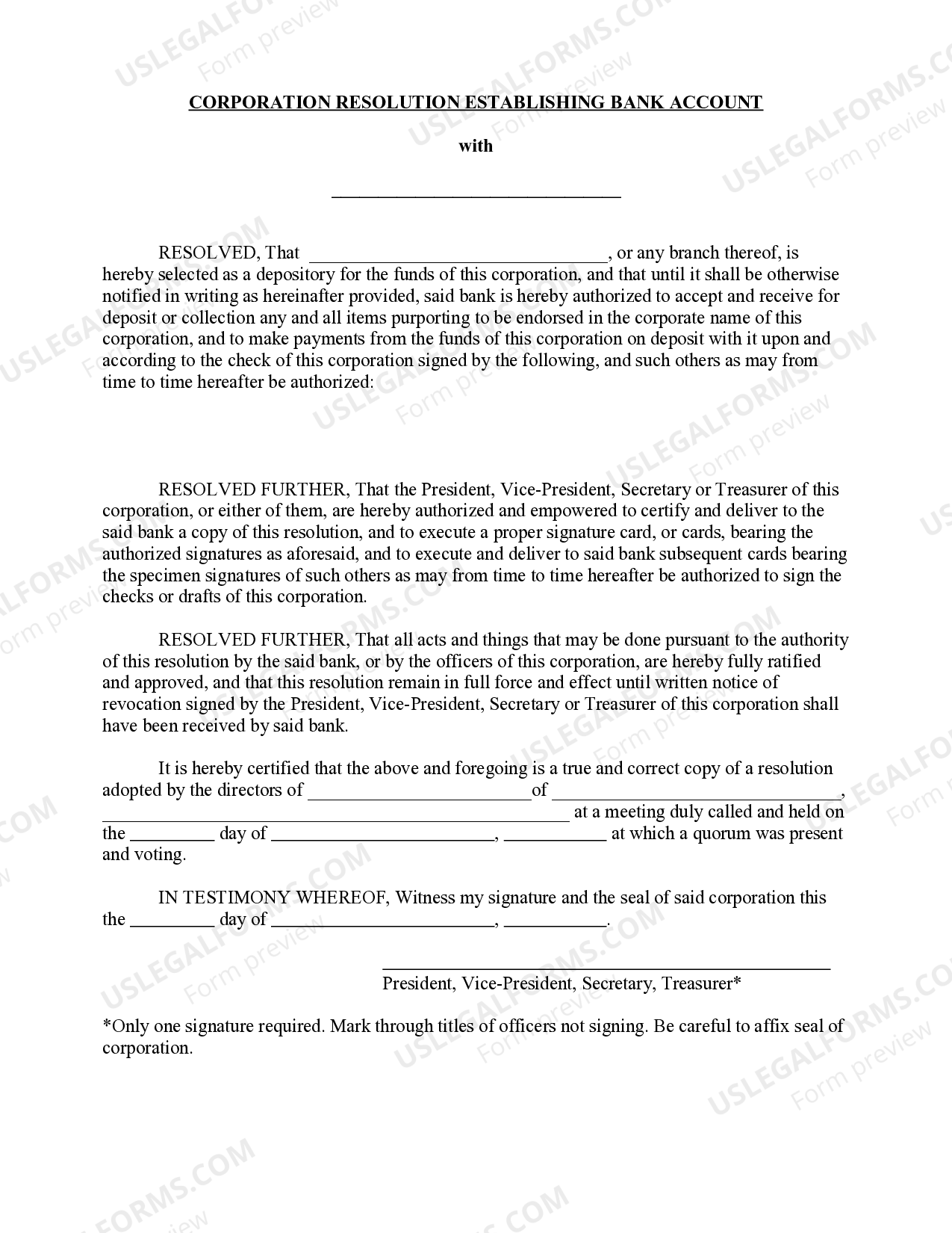 Delaware Resolution Selecting Depository Bank for Corporation and ...