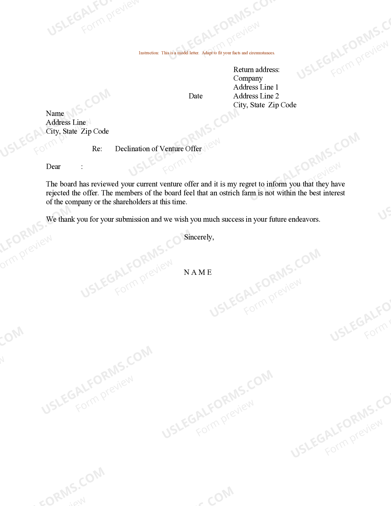 Utah Sample Letter for Declination of Venture Offer - Declination ...
