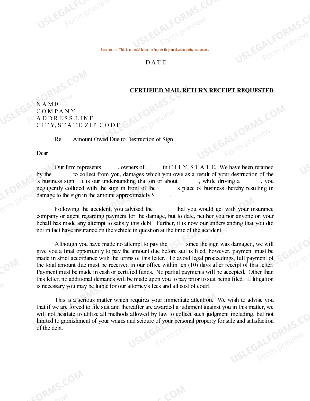 Sample Letter concerning Amount Owed Due to Destruction of Sign ...