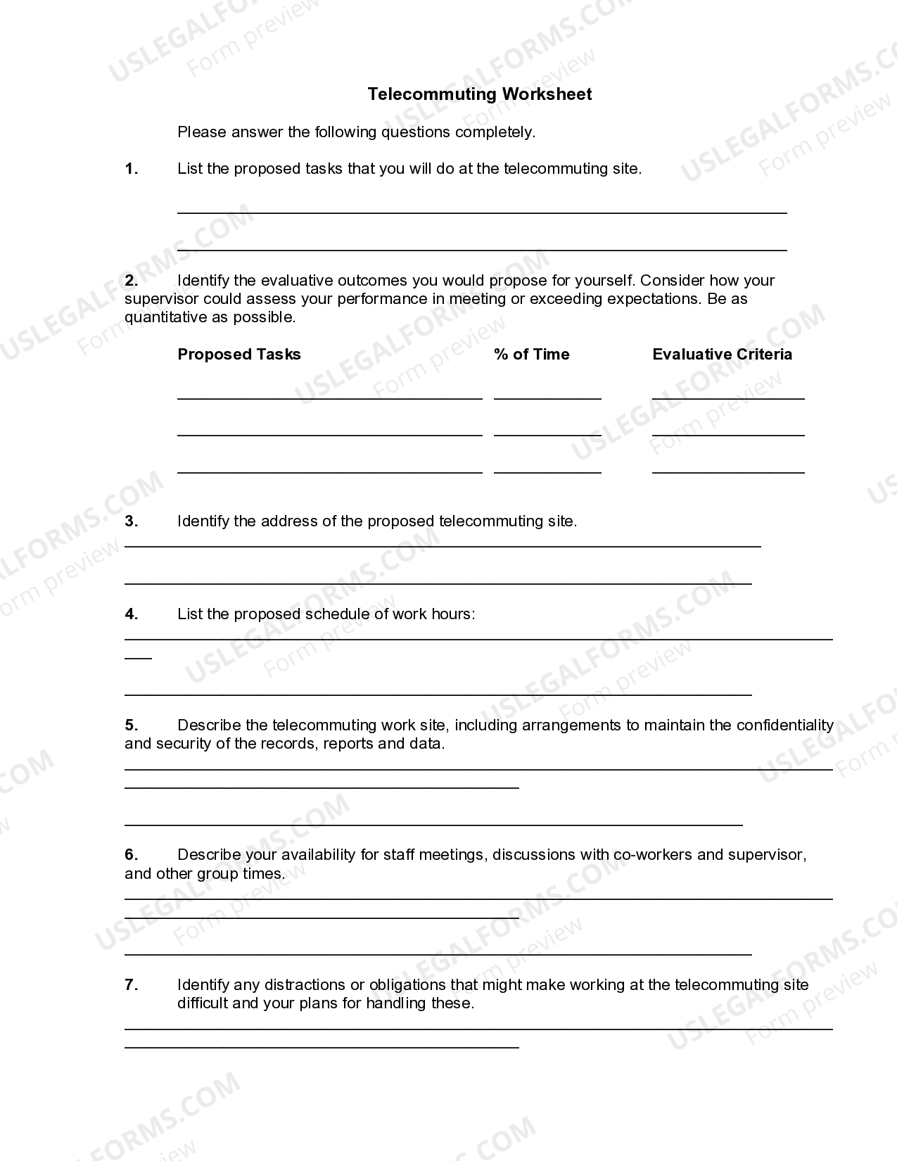 Idaho Telecommuting Worksheet | US Legal Forms
