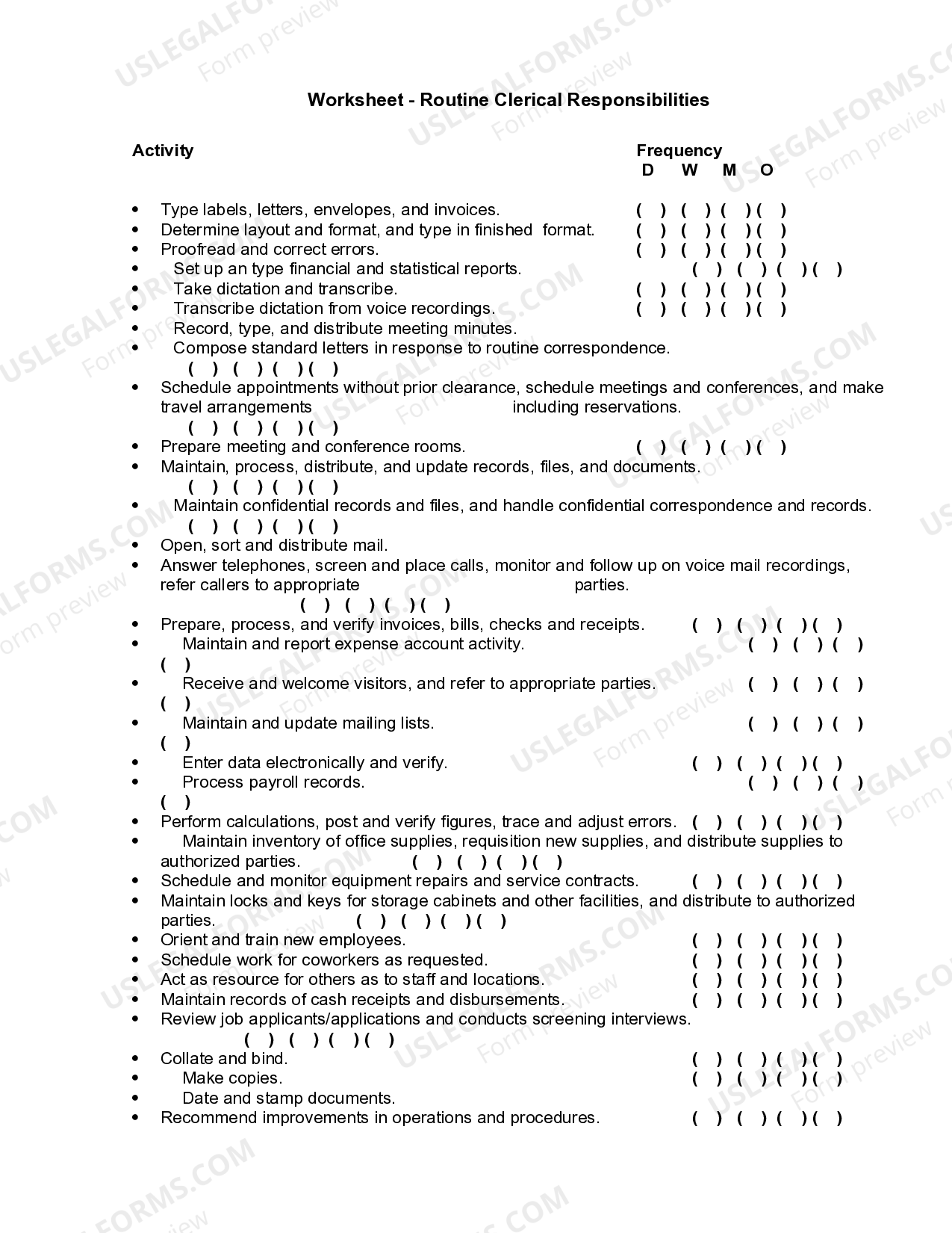 Utah Worksheet - Routine Clerical Responsibilities | US Legal Forms