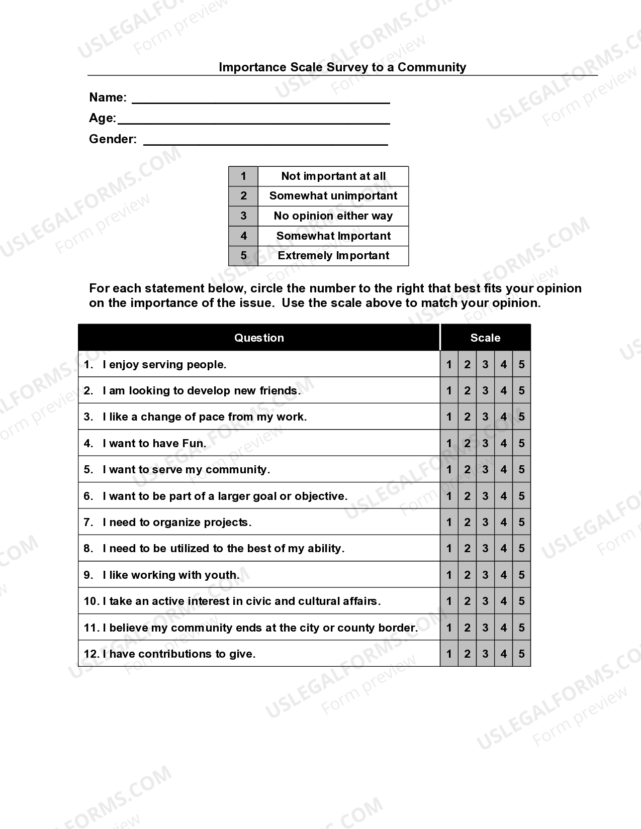 Pennsylvania Importance Scale Survey to a Community | US Legal Forms