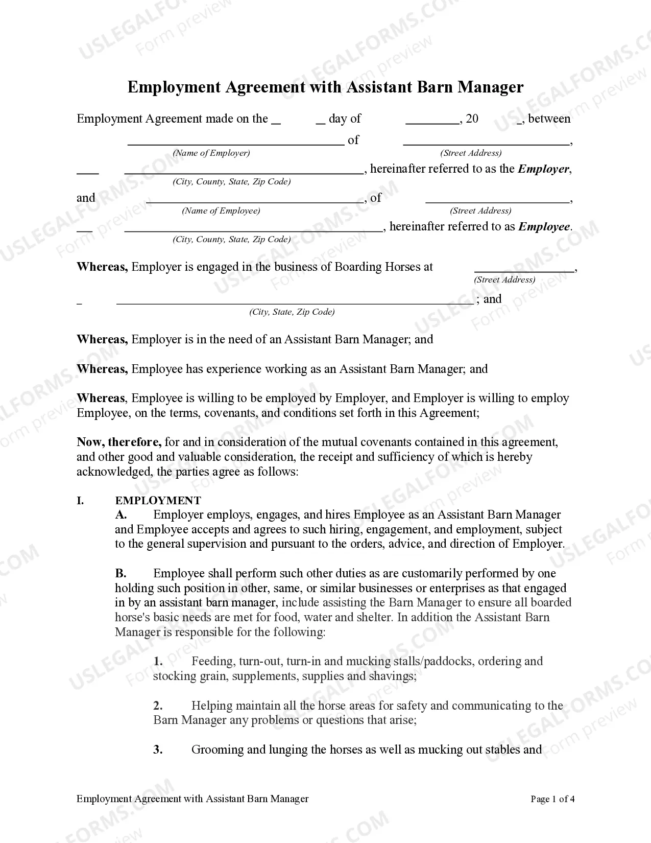 Massachusetts Employment Agreement With Assistant Barn Manager Horse