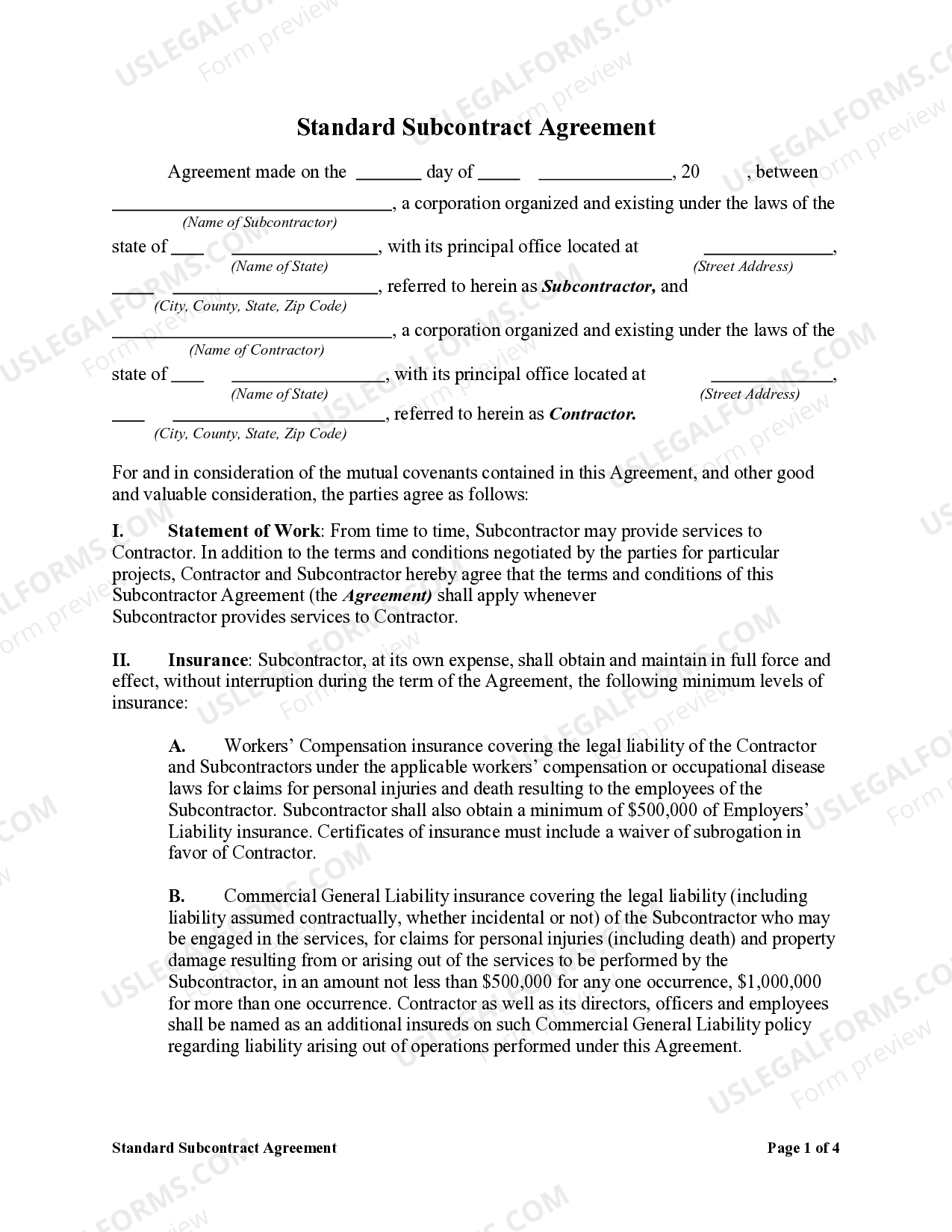 Standard Subcontract Agreement - Agree Subcontract Any | US Legal Forms