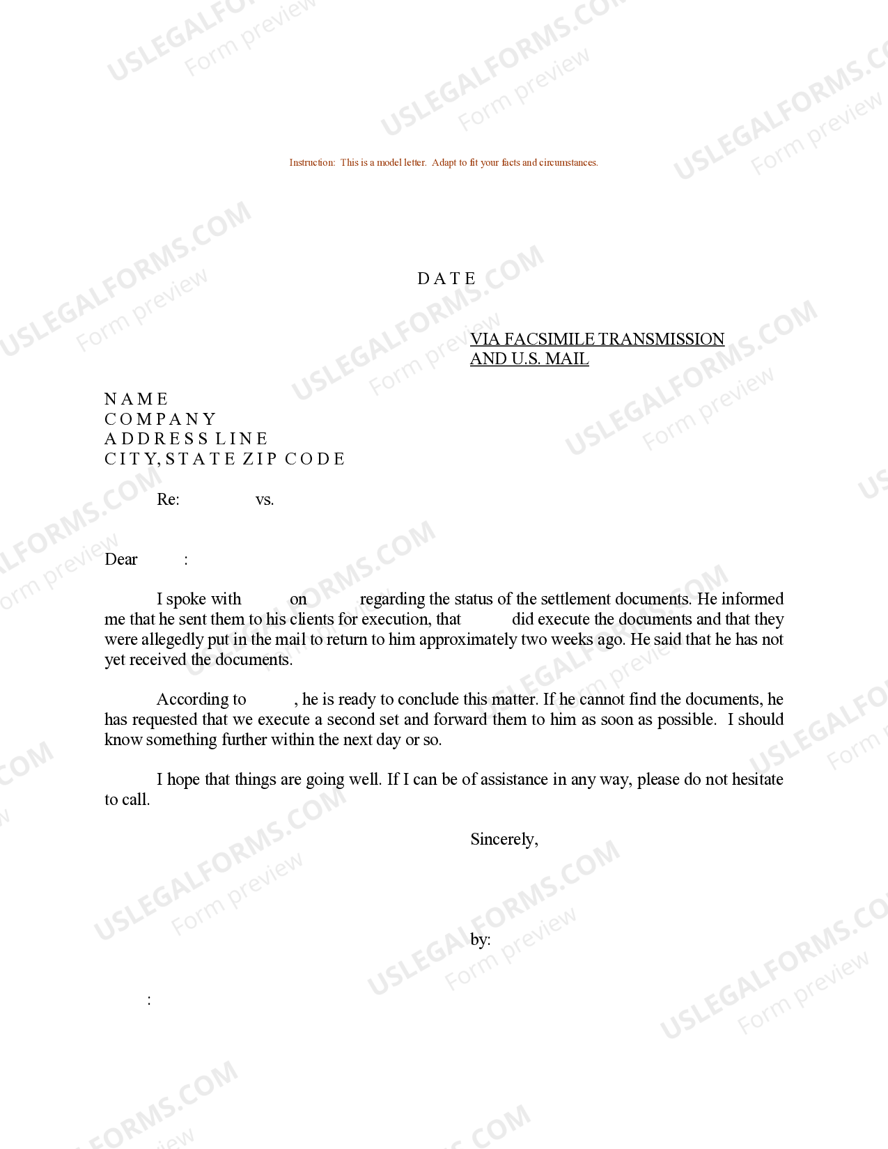 Sample Letter for Update on Settlement Documentation - Sample Letter ...