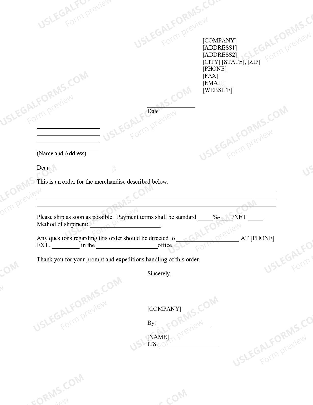 Purchase Order Letter with Terms | US Legal Forms