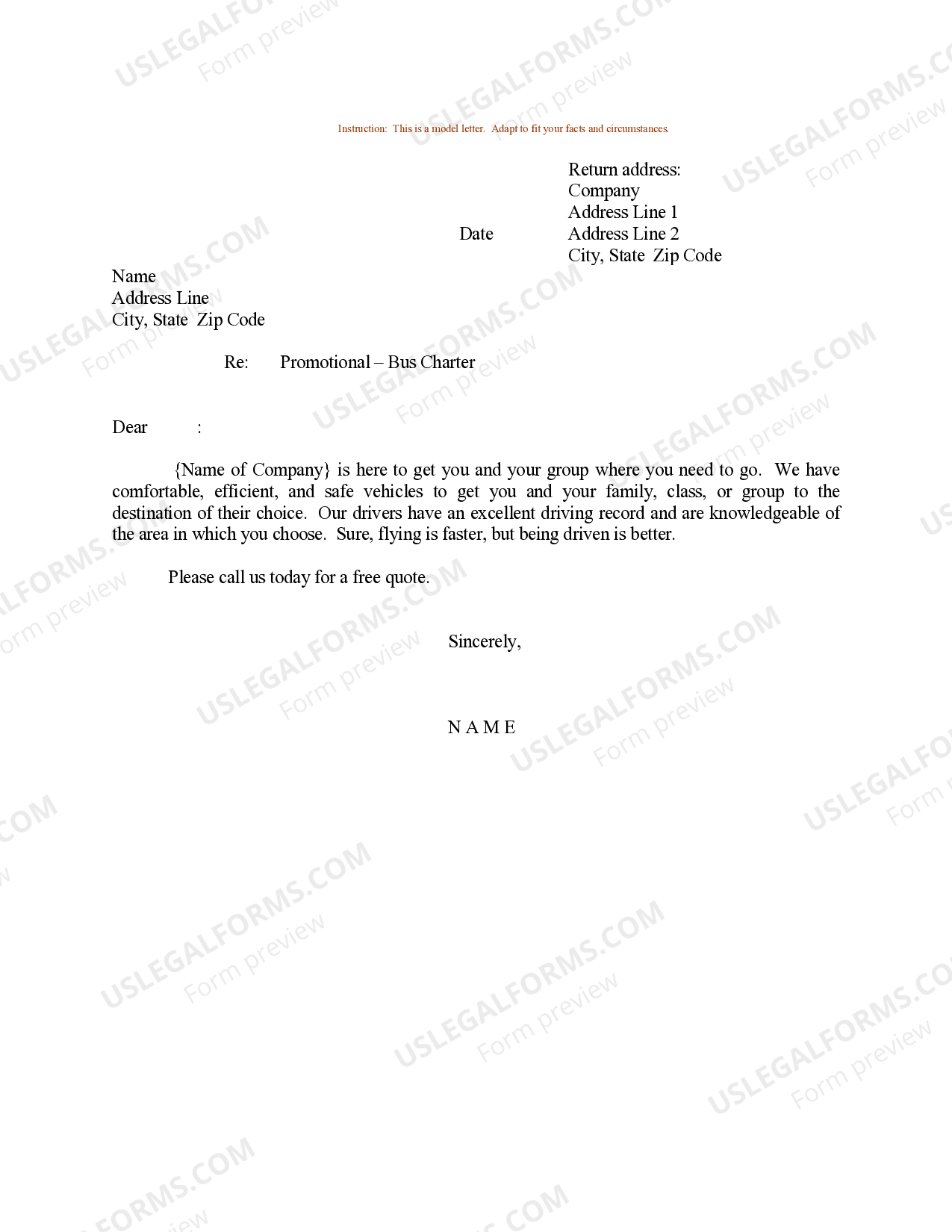 Alabama Sample Letter for Promotional Letter - Bus Charter | US Legal Forms