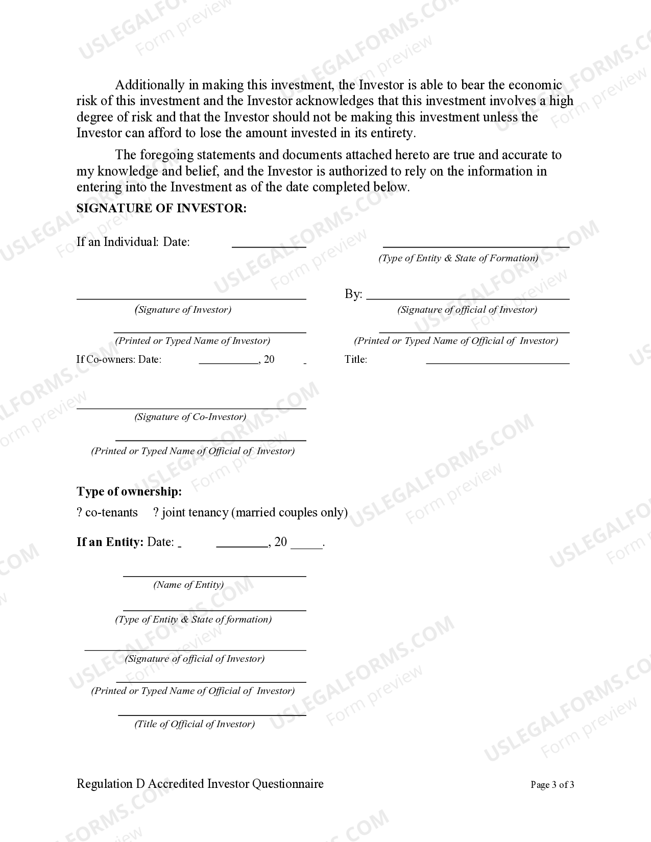 Regulation D Accredited Investor Questionnaire - Accredited Investor ...